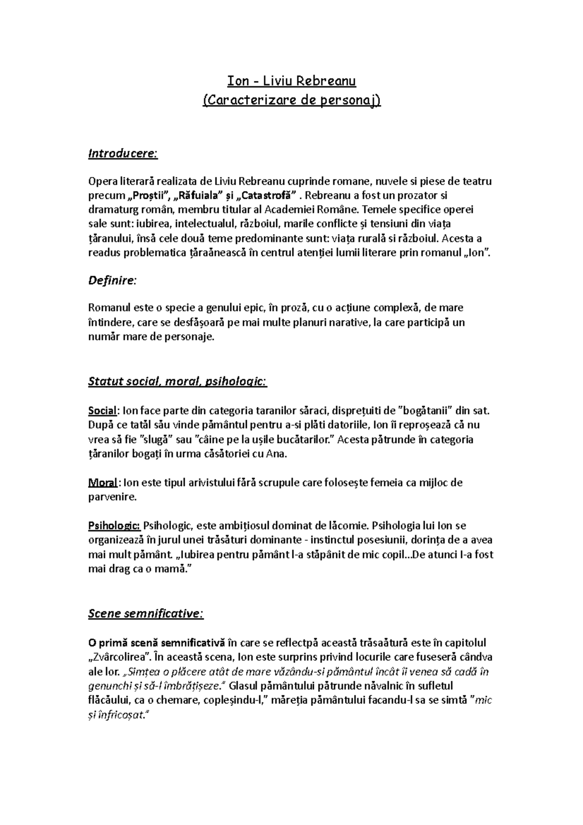 Ion caracterizare - comentarii - Ion - Liviu Rebreanu (Caracterizare de ...