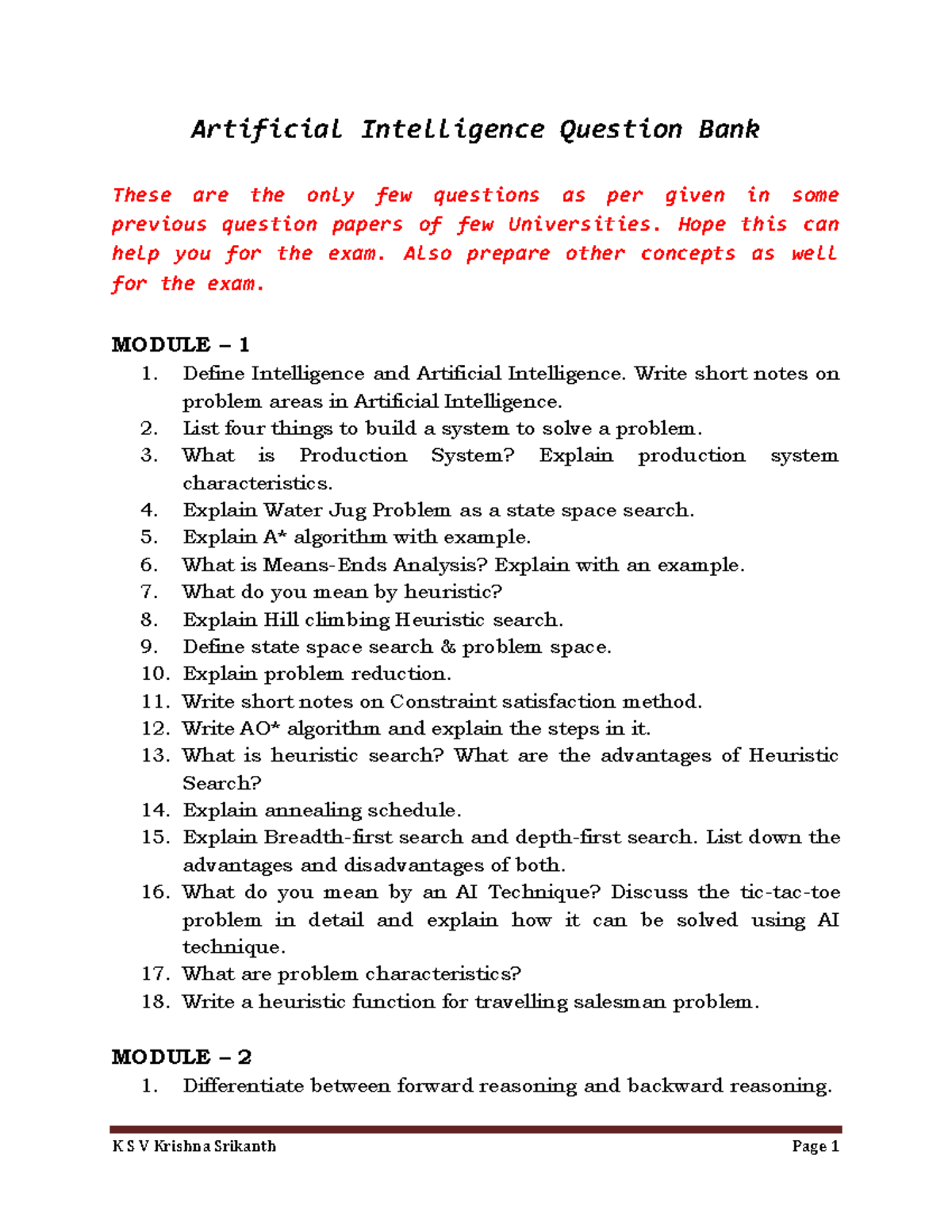 AI Question BANK - Artificial Intelligence Question Bank These are the only few questions as per ...