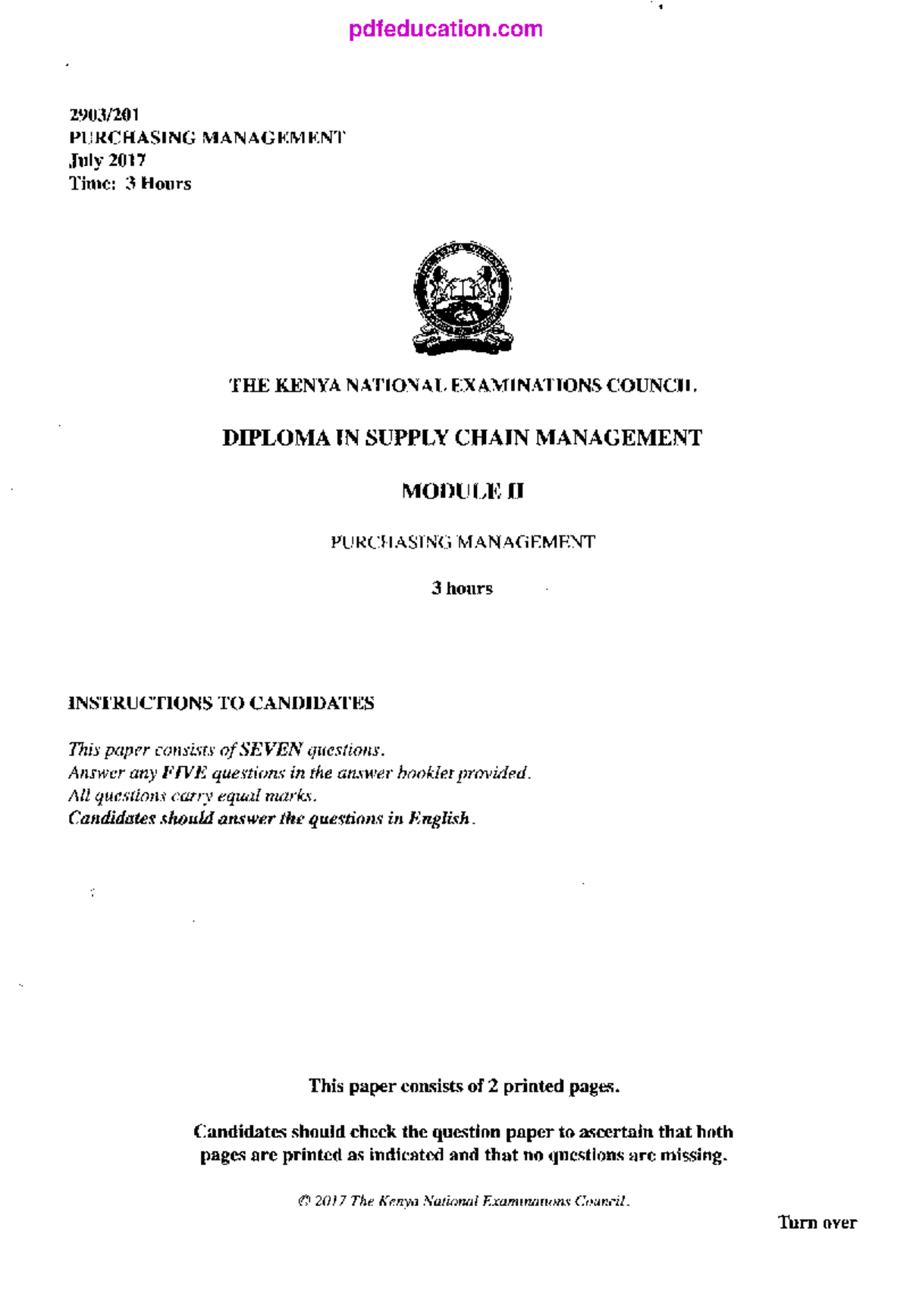 Purchasing Management KNEC Past Exam Papers July 2017 - certificate in ...