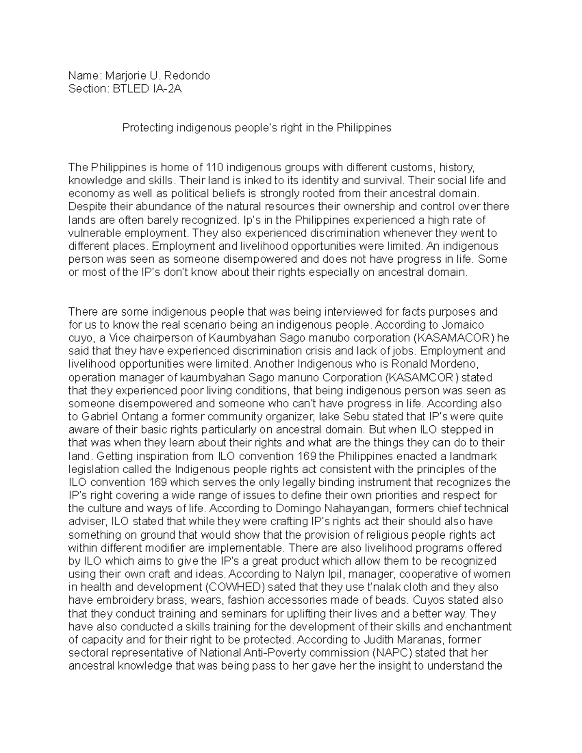 Redondo reflection - it helps - Name: Marjorie U. Redondo Section ...