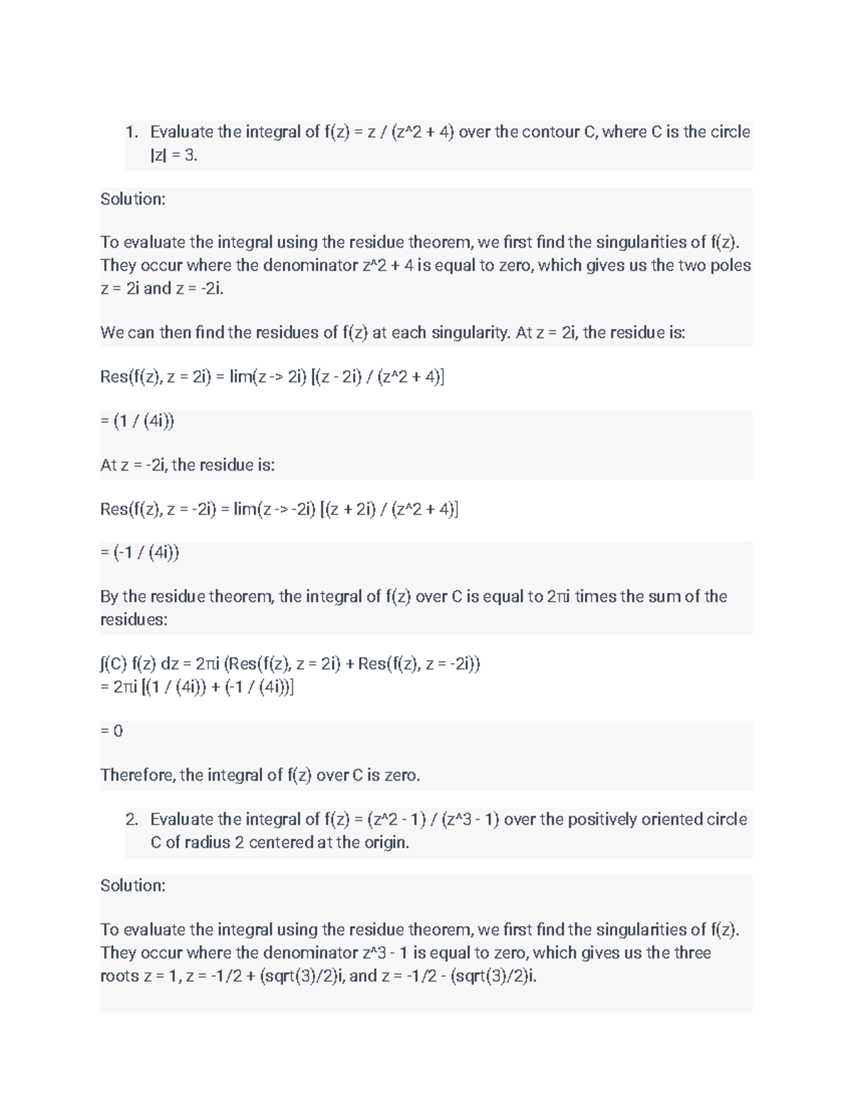 Complex Analysis Contour Integral - Evaluate the integral of f(z) = z / (z^2 + 4) over the ...
