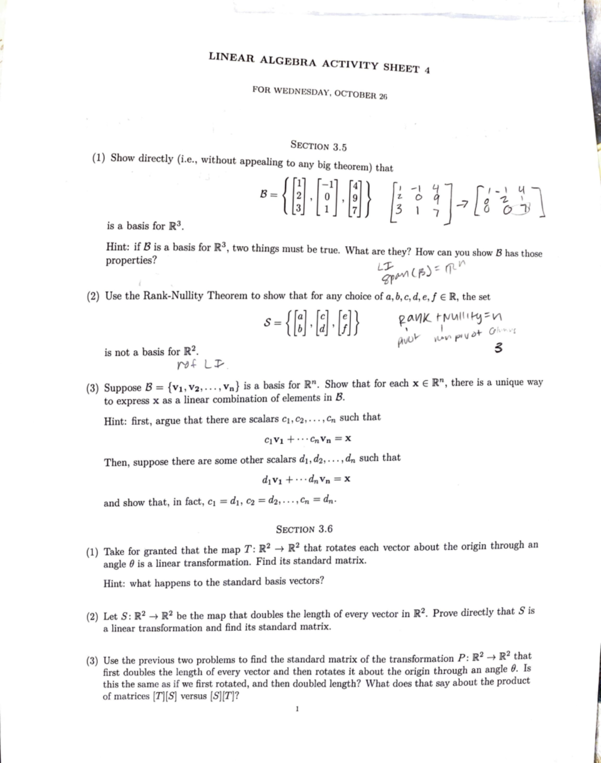 Math349 activity sheets - LINEAR AL GEBRA ACTIVITY SHEET 4 FOR WEDN ...