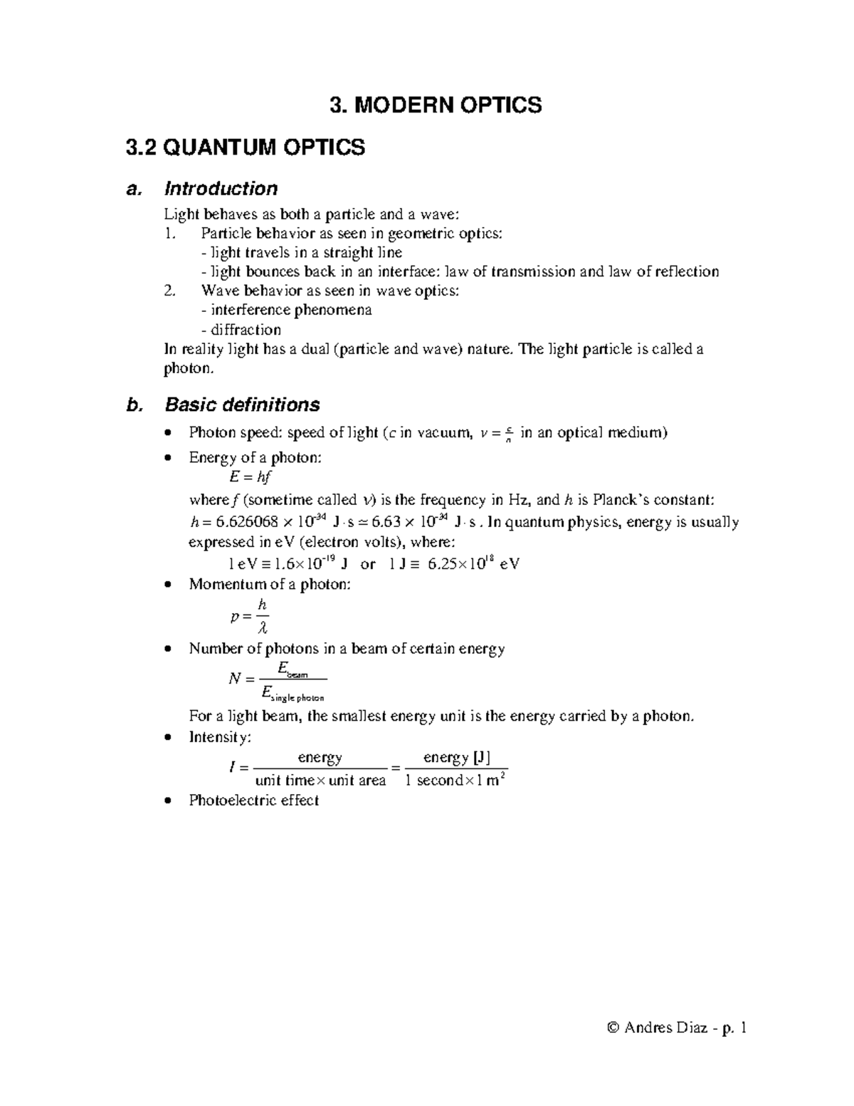 3.2_Modern_Optics - 3. MODERN OPTICS 3 QUANTUM OPTICS a. Introduction Light behaves as both a ...