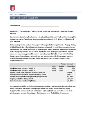 ACT5145 Week 2 Assignments - WEEK 2 ASSIGNMENTS ACT514 MANAGERIAL ACCOUNTING Student Name: - Studocu