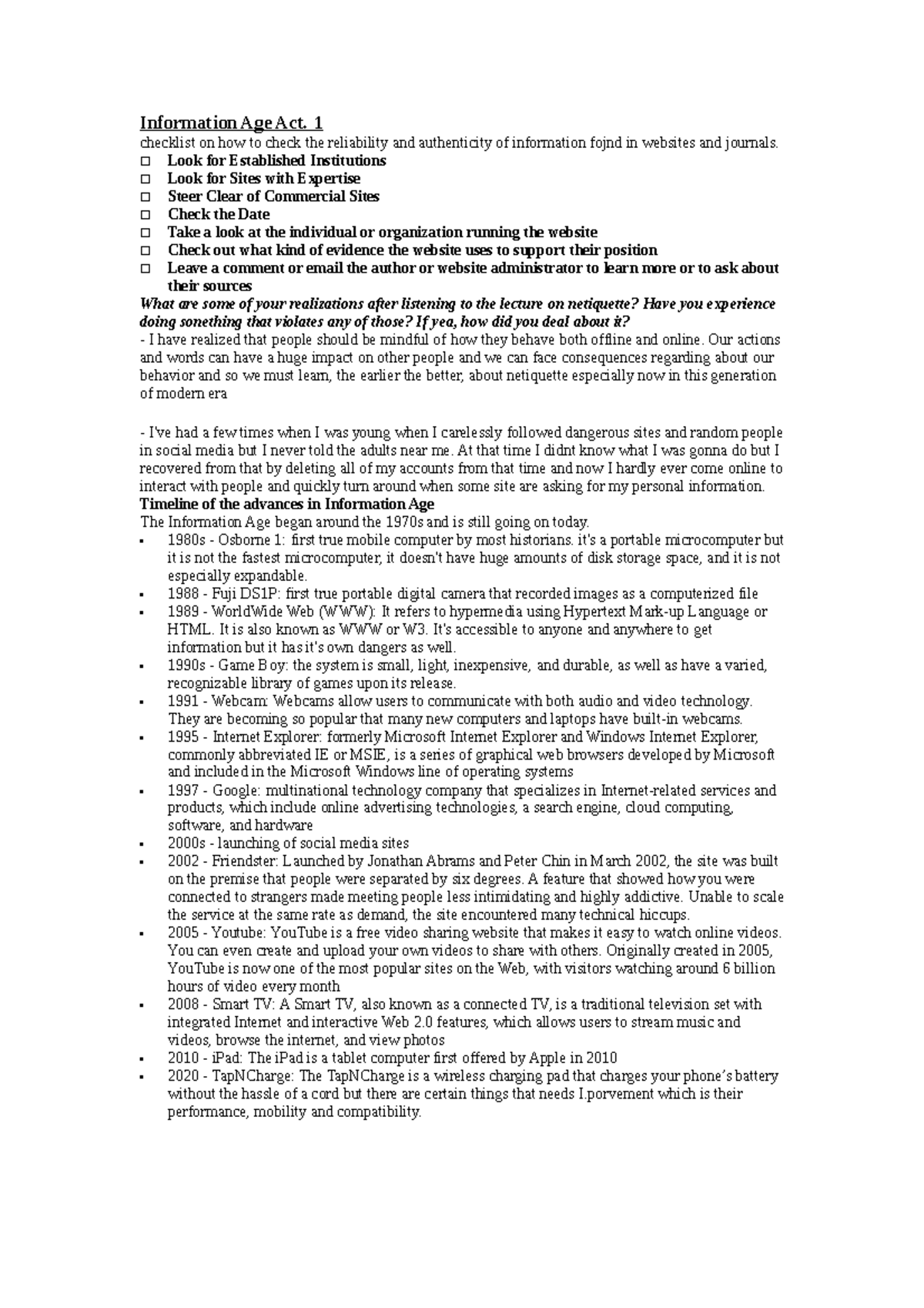 Information Age act 1 kaziel quebral - Information Age Act. 1 checklist ...