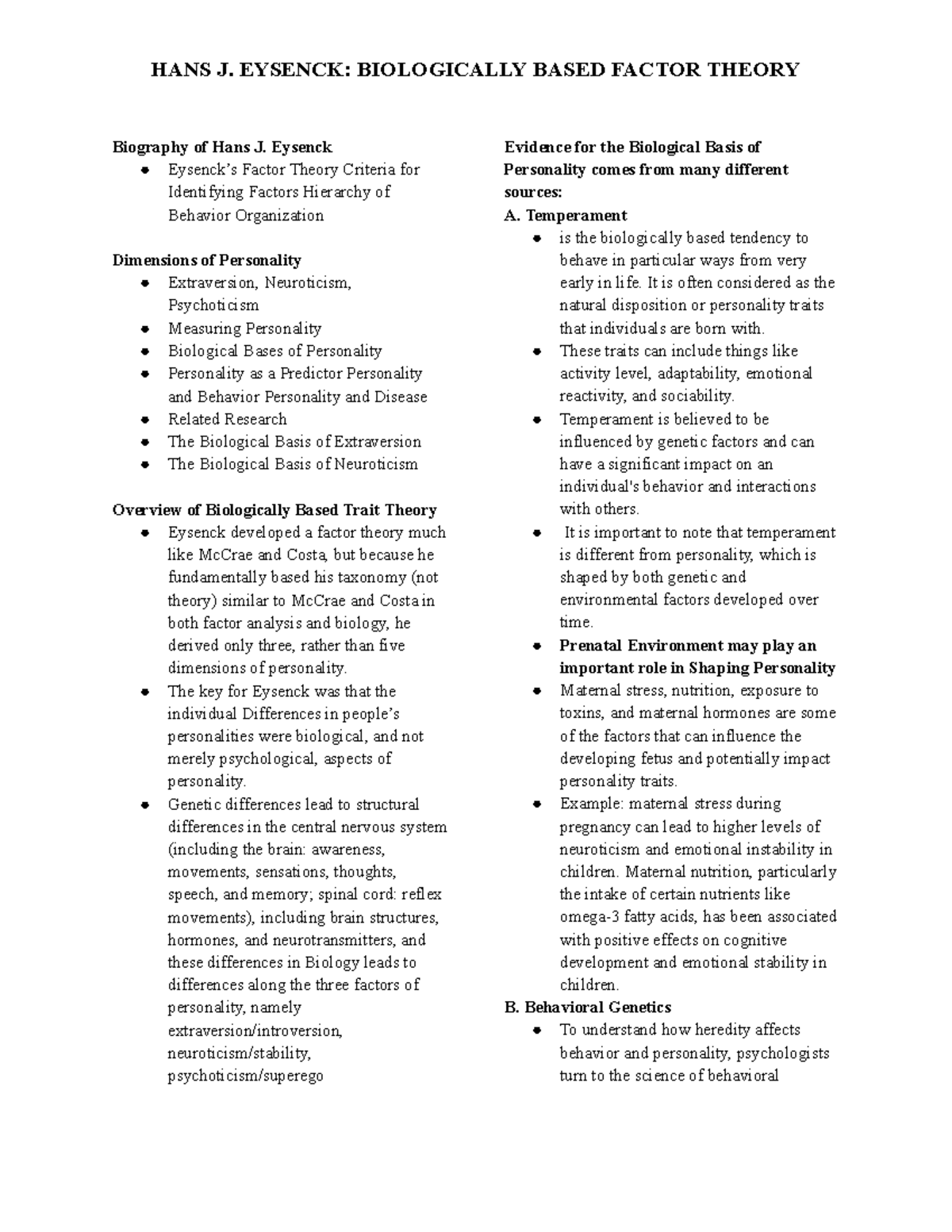 Hans Eysenck Biologically Based Factor Theory - HANS J. EYSENCK ...
