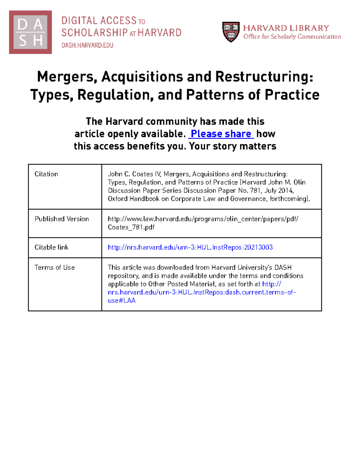 Coates 781 - Useful material - Mergers, Acquisitions and Restructuring ...