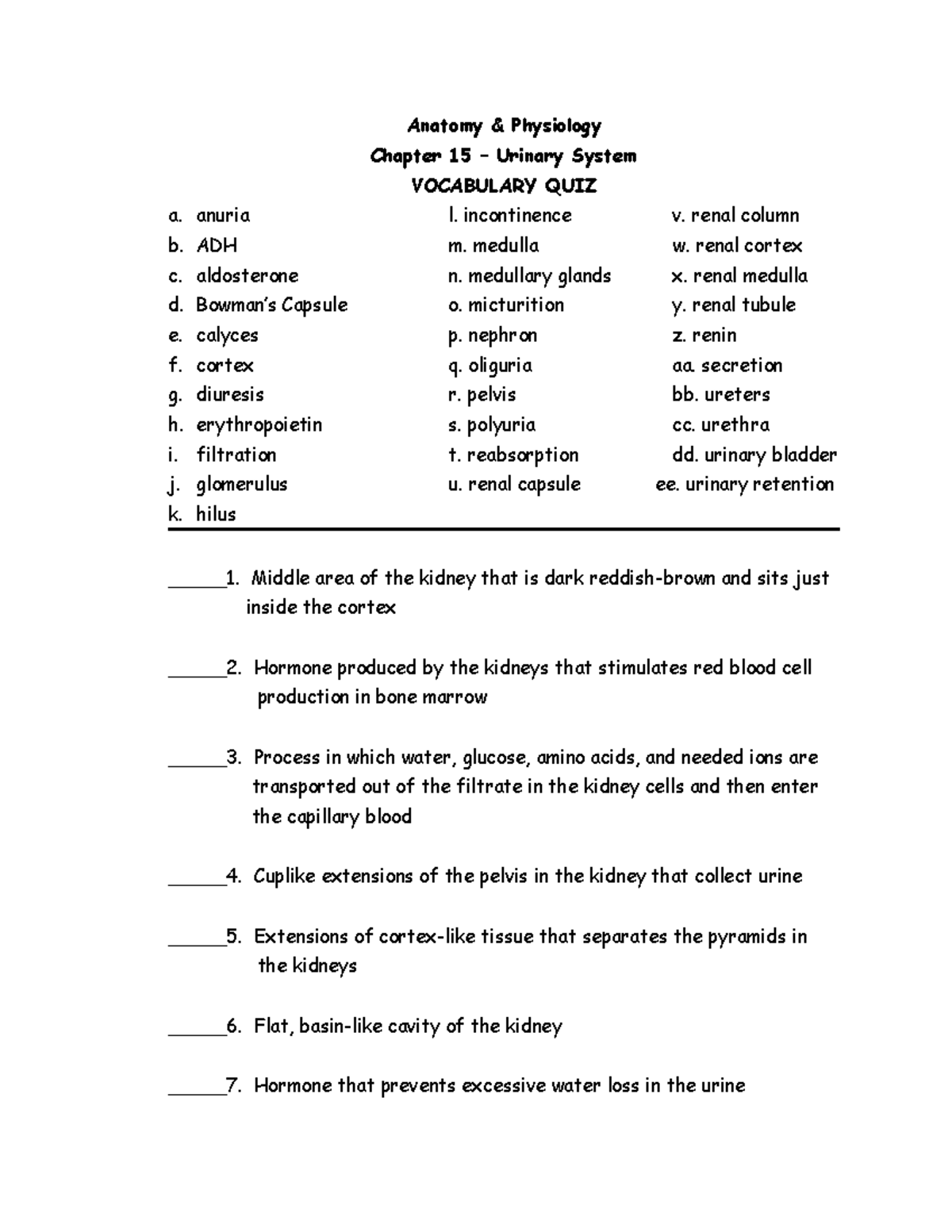 A P Urinary System Vocab Quiz - Anatomy & Physiology Chapter 15 ...