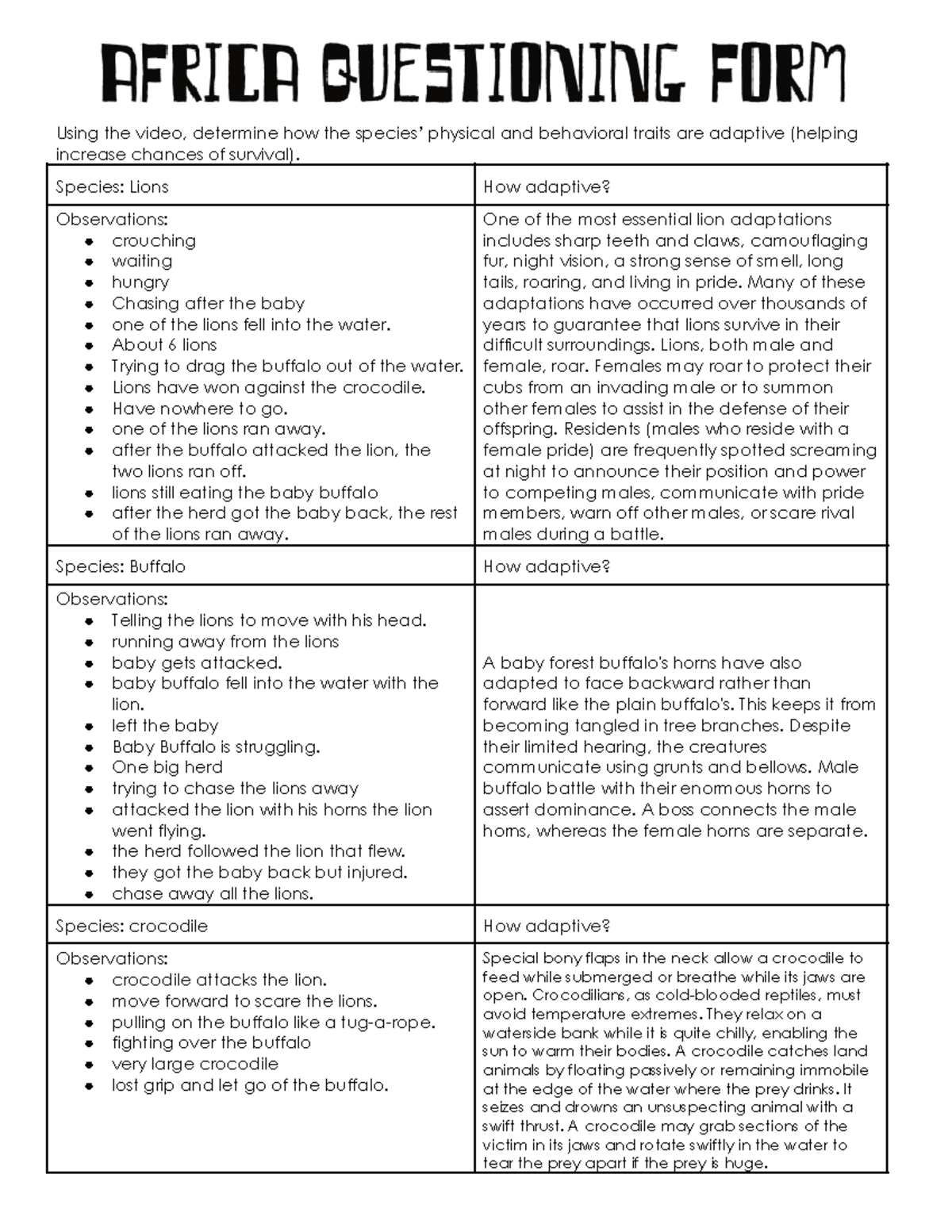 Africa Questioning Form - Using the video, determine how the species ...