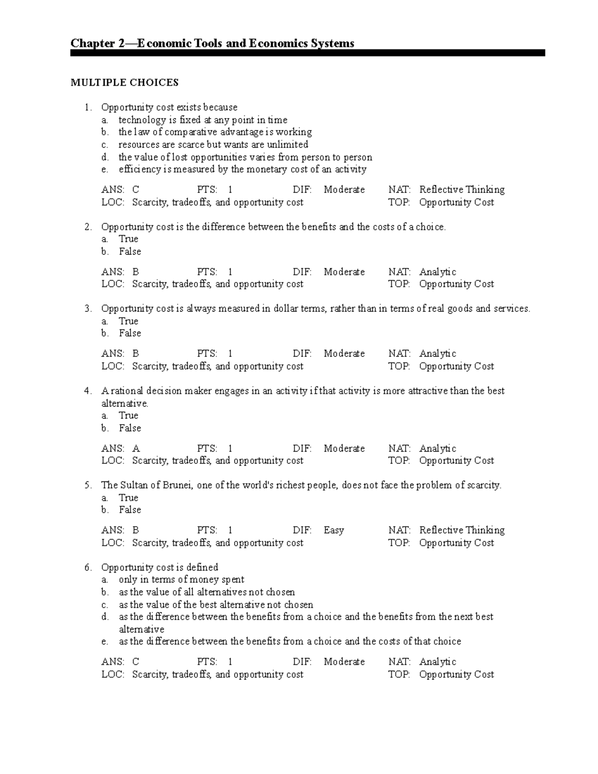 Test 1 10 December 2019, questions and answers - Chapter 2—Economic ...