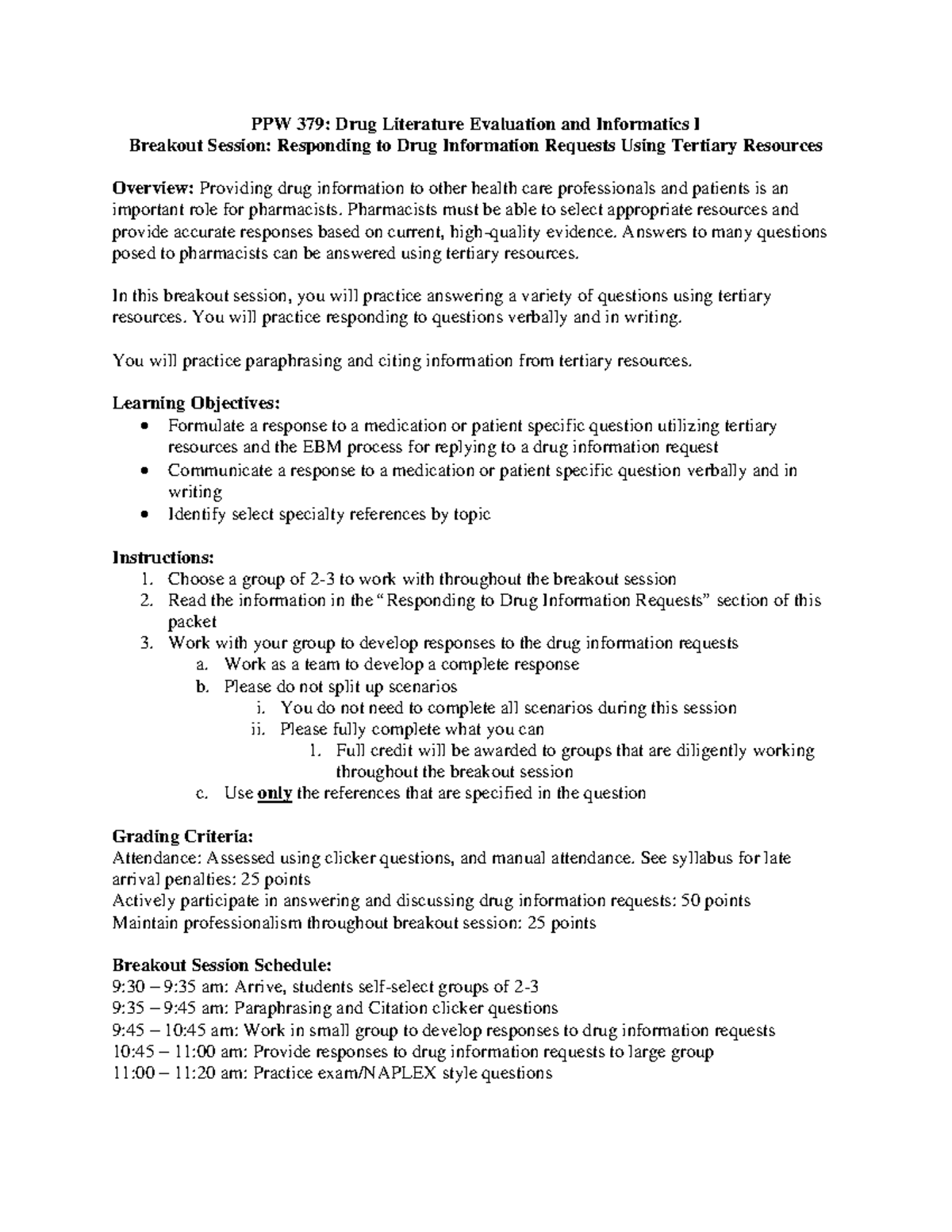 Breakout session worksheet - PPW 379 : Drug Literature Evaluation and ...