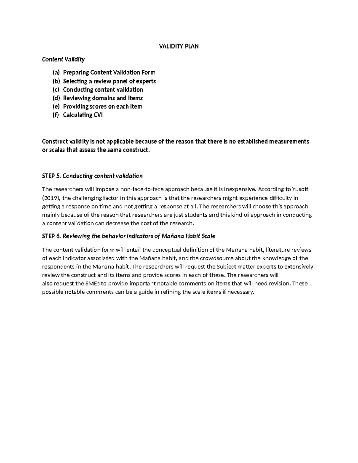 Validity PLAN - VALIDITY PLAN Content Validity (a) Preparing Content ...