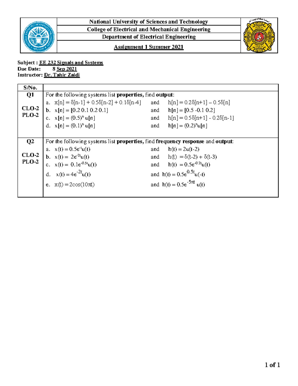 Assignment 1 - 1 of 1 National University of Sciences and Technology ...