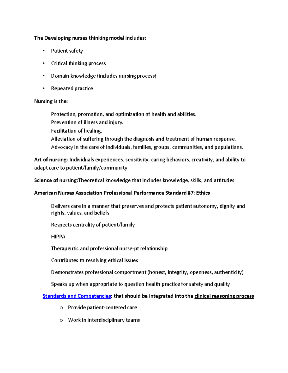 Ct midterm - Study guide - The Developing nurses thinking model ...