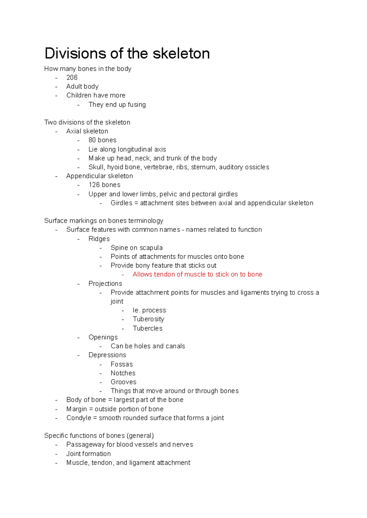Kin 2Y03 Lec 25 - Notes - Divisions of the skeleton How many bones in ...