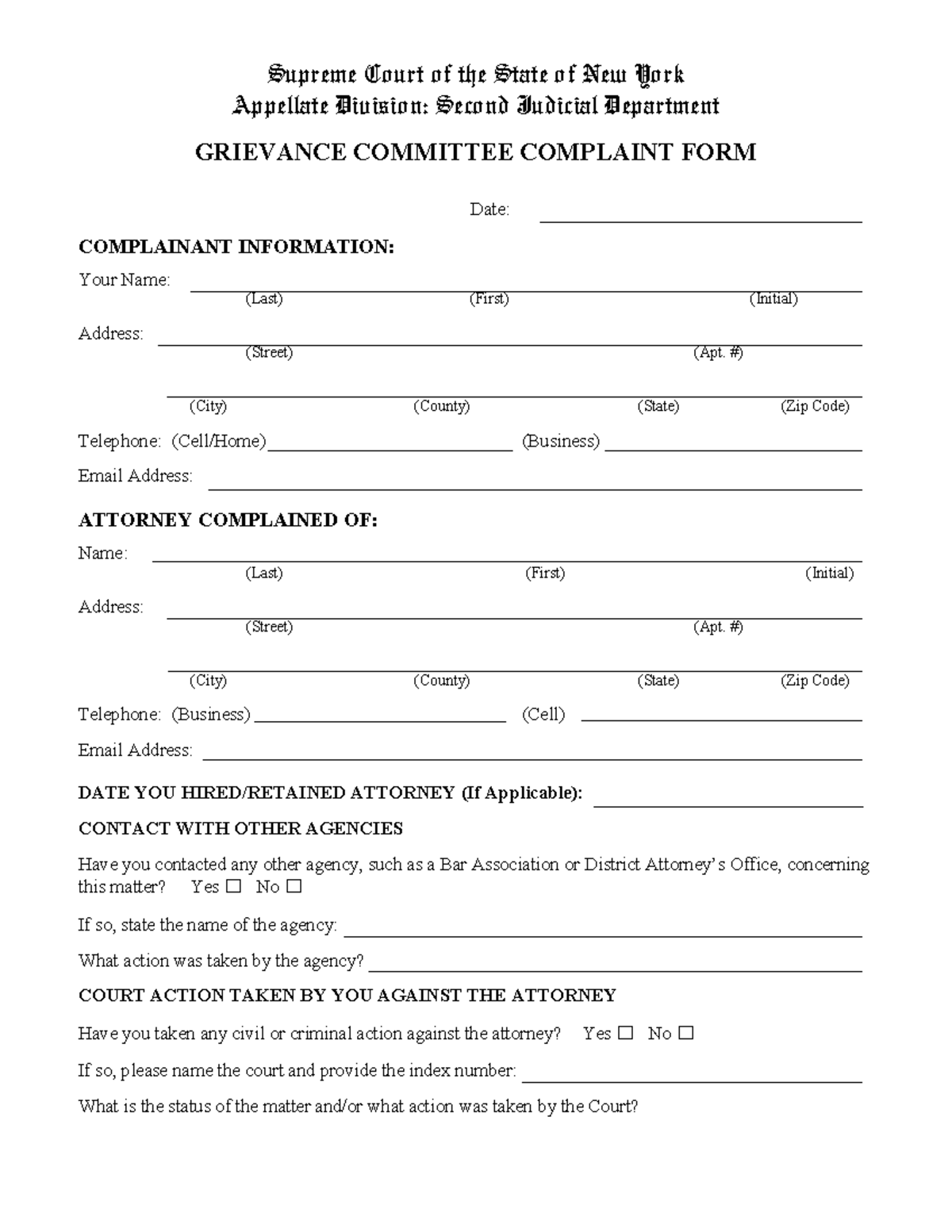 Grievance Committee Complaint Form - Supreme Court of the State of New ...