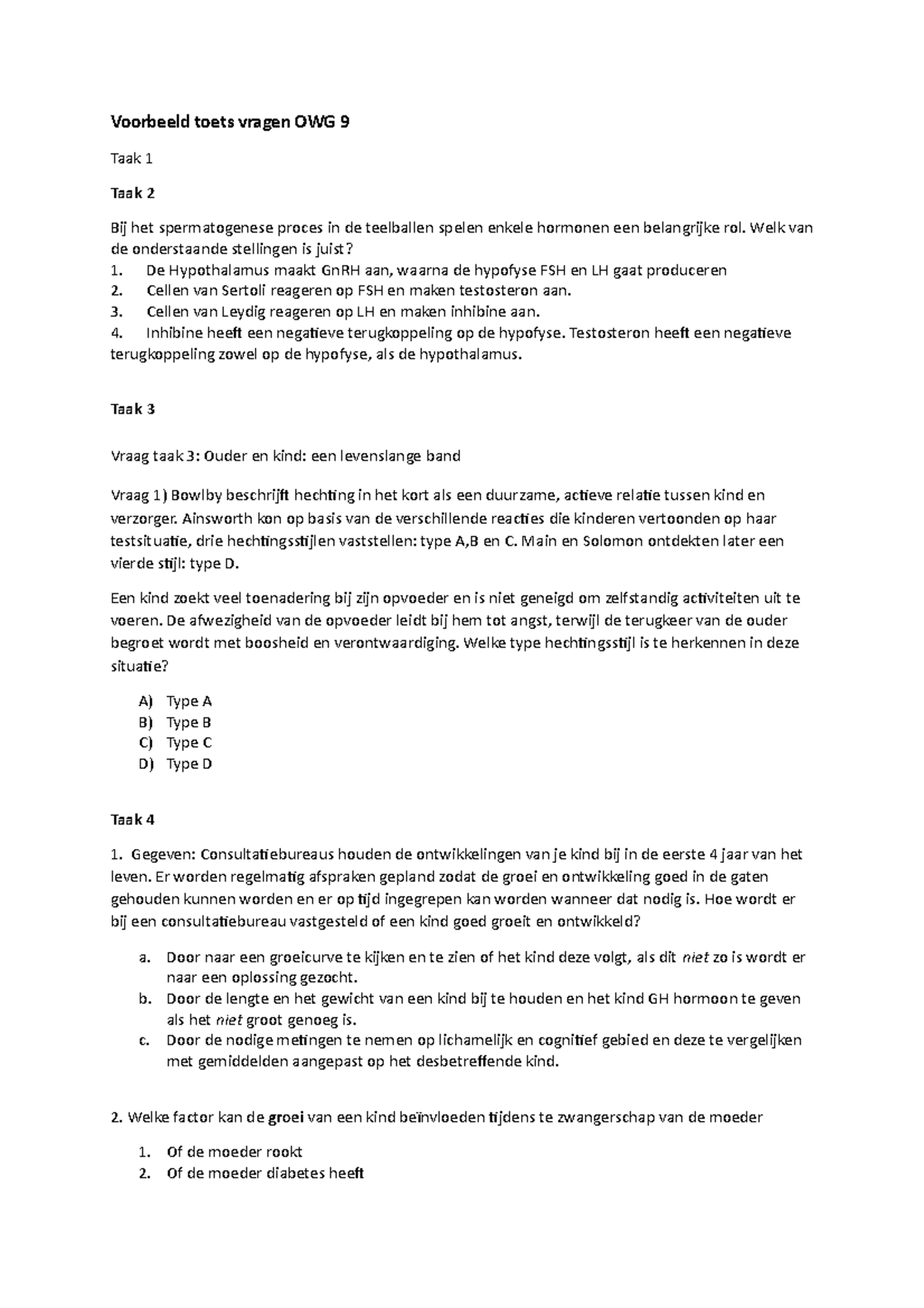 Toetsvragen OWG - Oefenvragen - Voorbeeld toets vragen OWG 9 Taak 1 ...