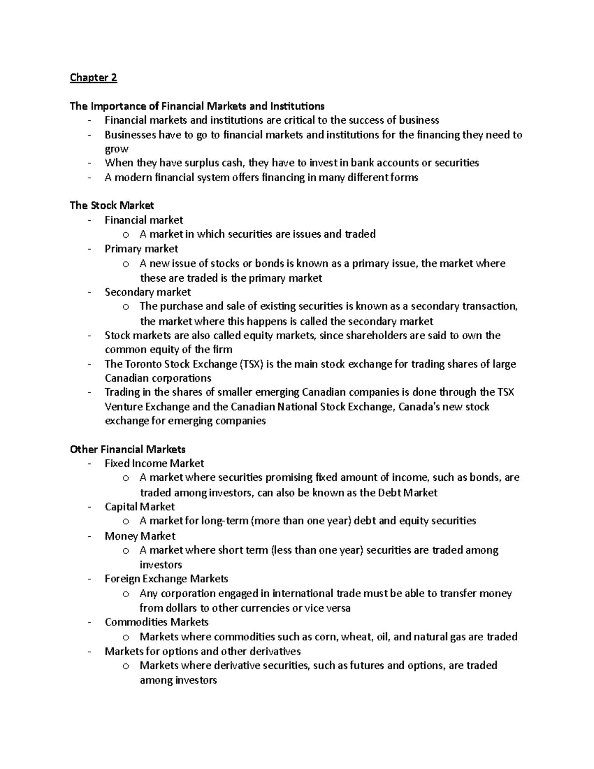 Chapter 2 - FIN notes - Chapter 2 The Importance of Financial Markets ...