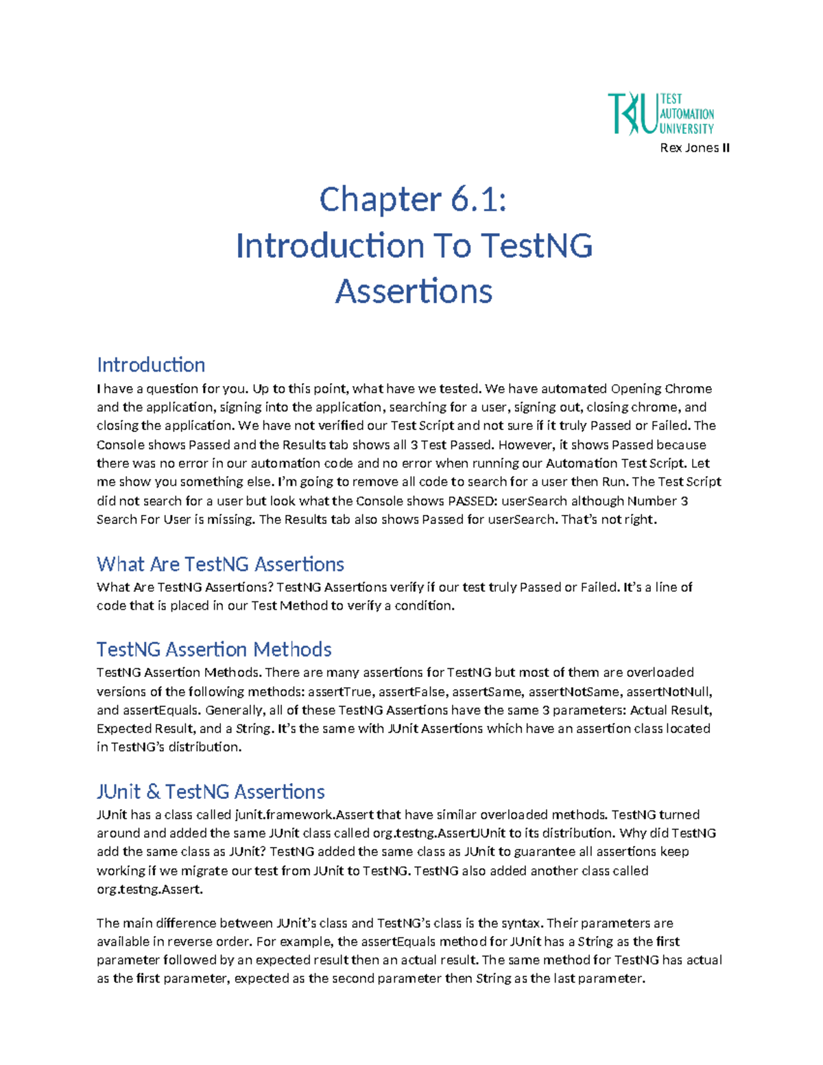 (Transcript) Chapter 6.1 Intro To Test NG Assertions 0 - Rex Jones II ...