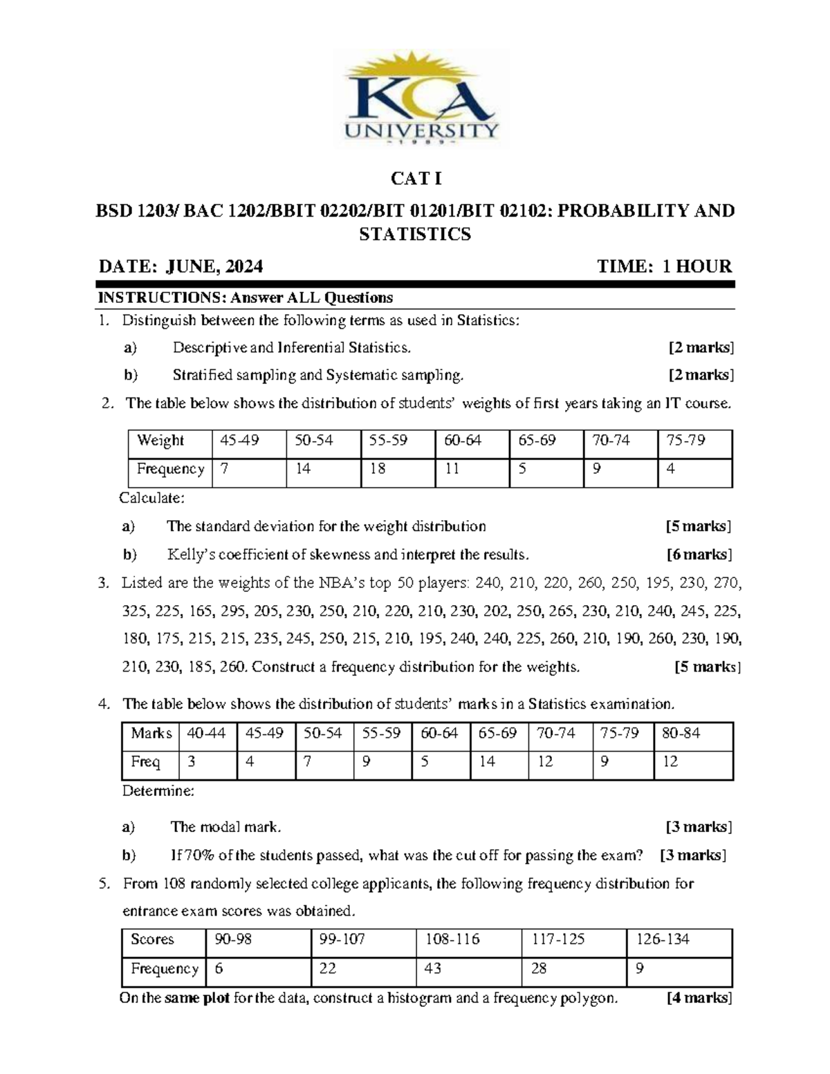 Probability AND Statistics CAT ONEHhh - CAT I BSD 1203/ BAC 1202/BBIT ...