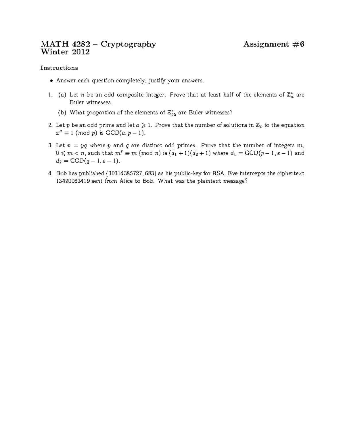 Assn6 - Assignments - MATH 4282 – Cryptography Assignment Winter 2012 ...