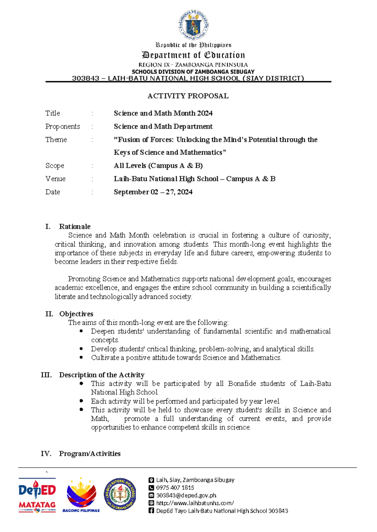 Activity Proposal - Sci Math Month 2024 - 303843 – LAIH-BATU NATIONAL HIGH SCHOOL (SIAY DISTRICT ...