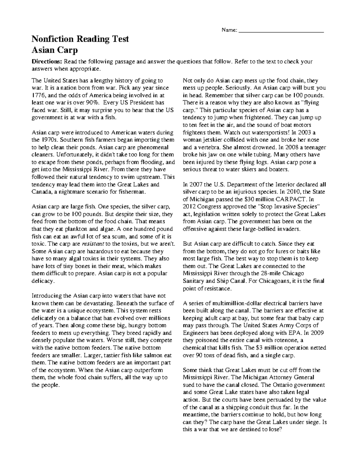 Nonfiction reading test asian carp - Name ...