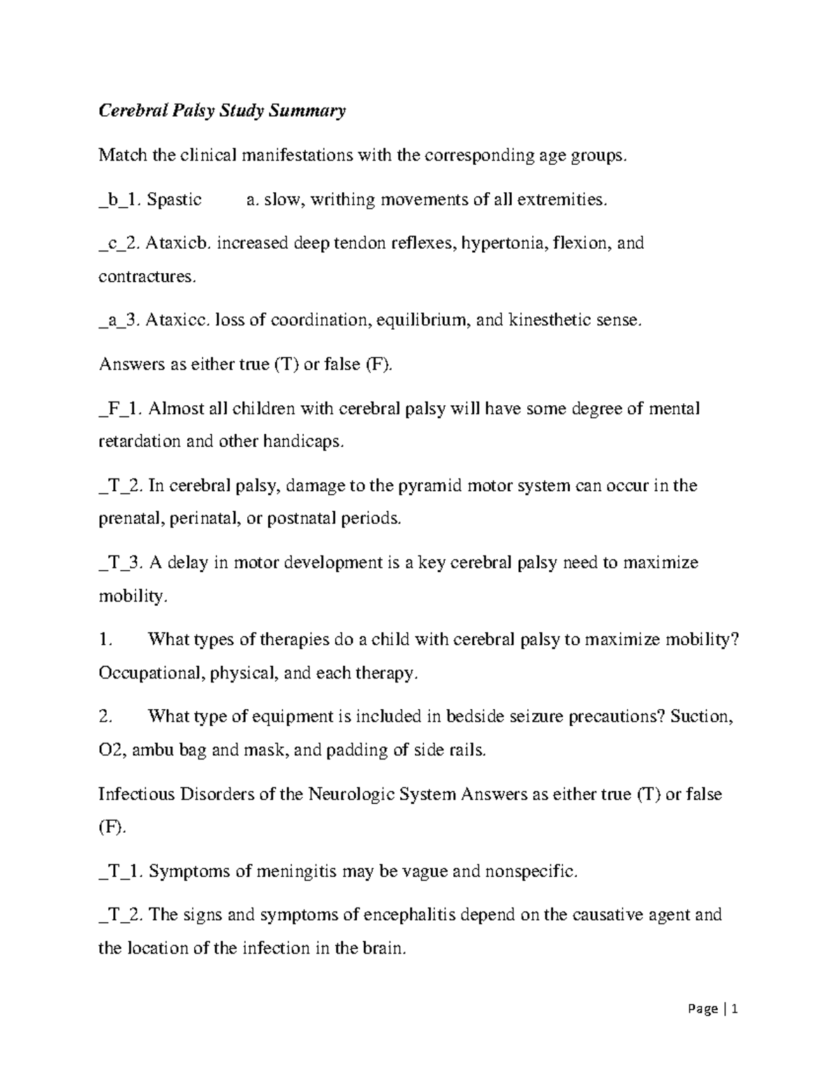 Cerebral Palsy Study Summary - _b_1. Spastic a. slow, writhing ...