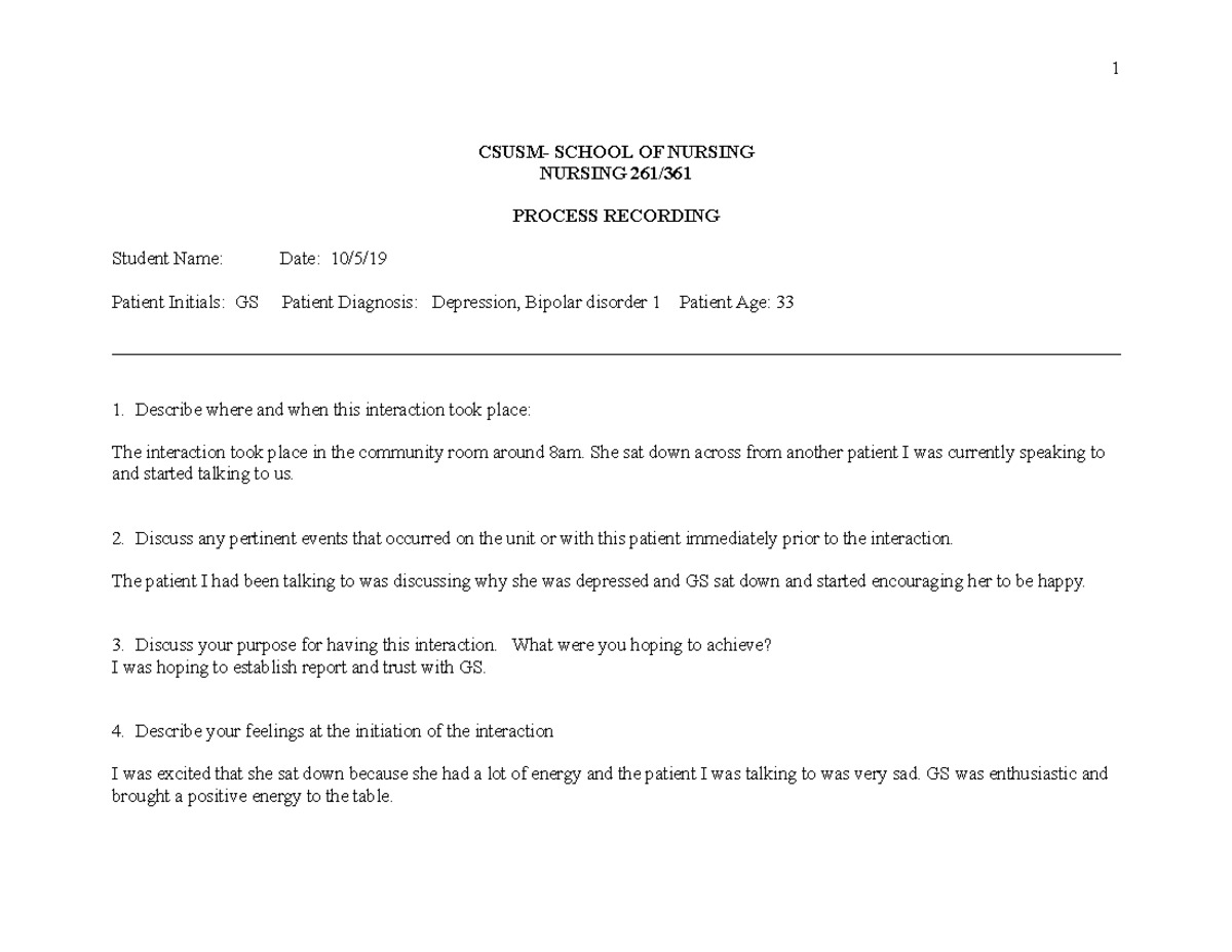 Process Recording Assignment - CSUSM- SCHOOL OF NURSING NURSING 261 ...