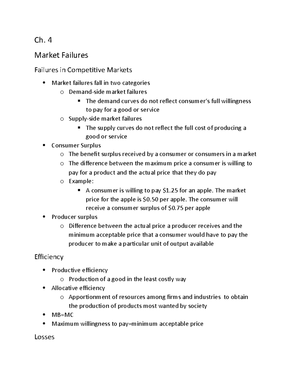 Ch. 4 Notes - Microeconomics - Ch. 4 Market Failures Failures in ...