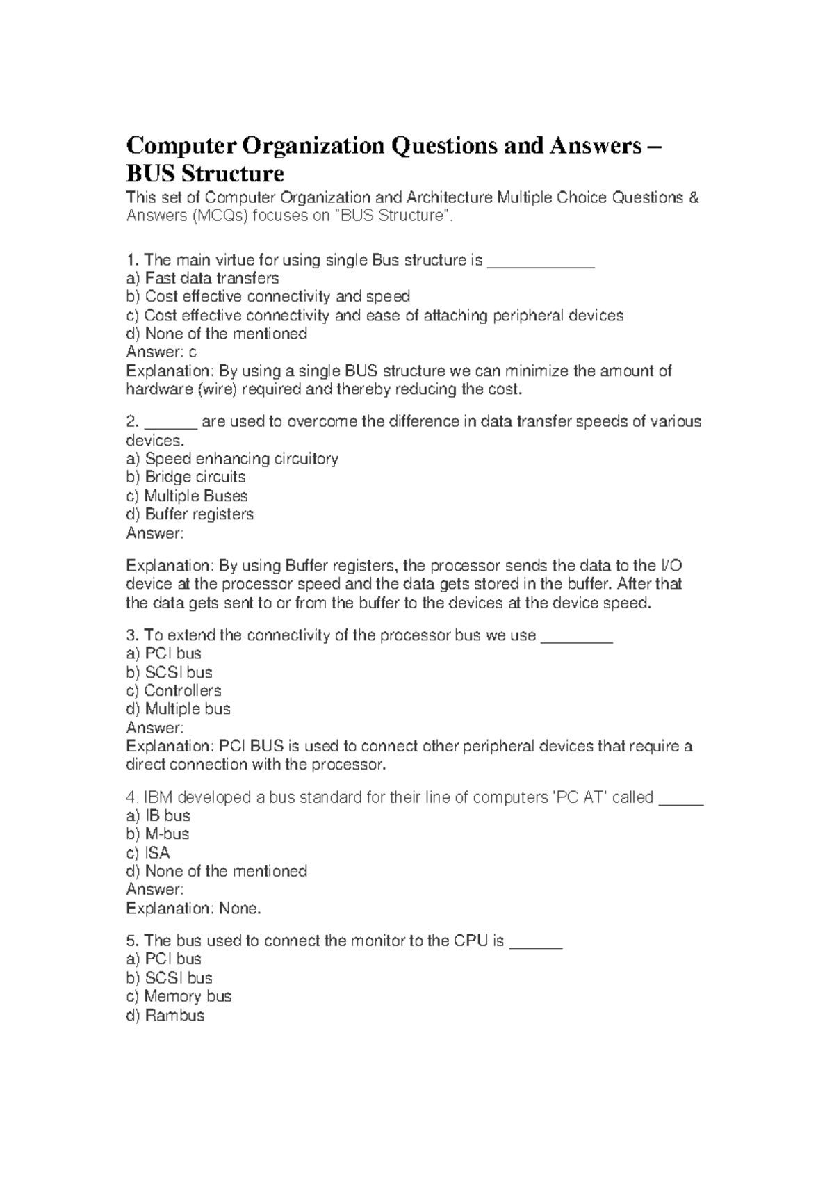 3 Bus Structure Solved Mcqs For Computer Architecture Computer Organization Questions And