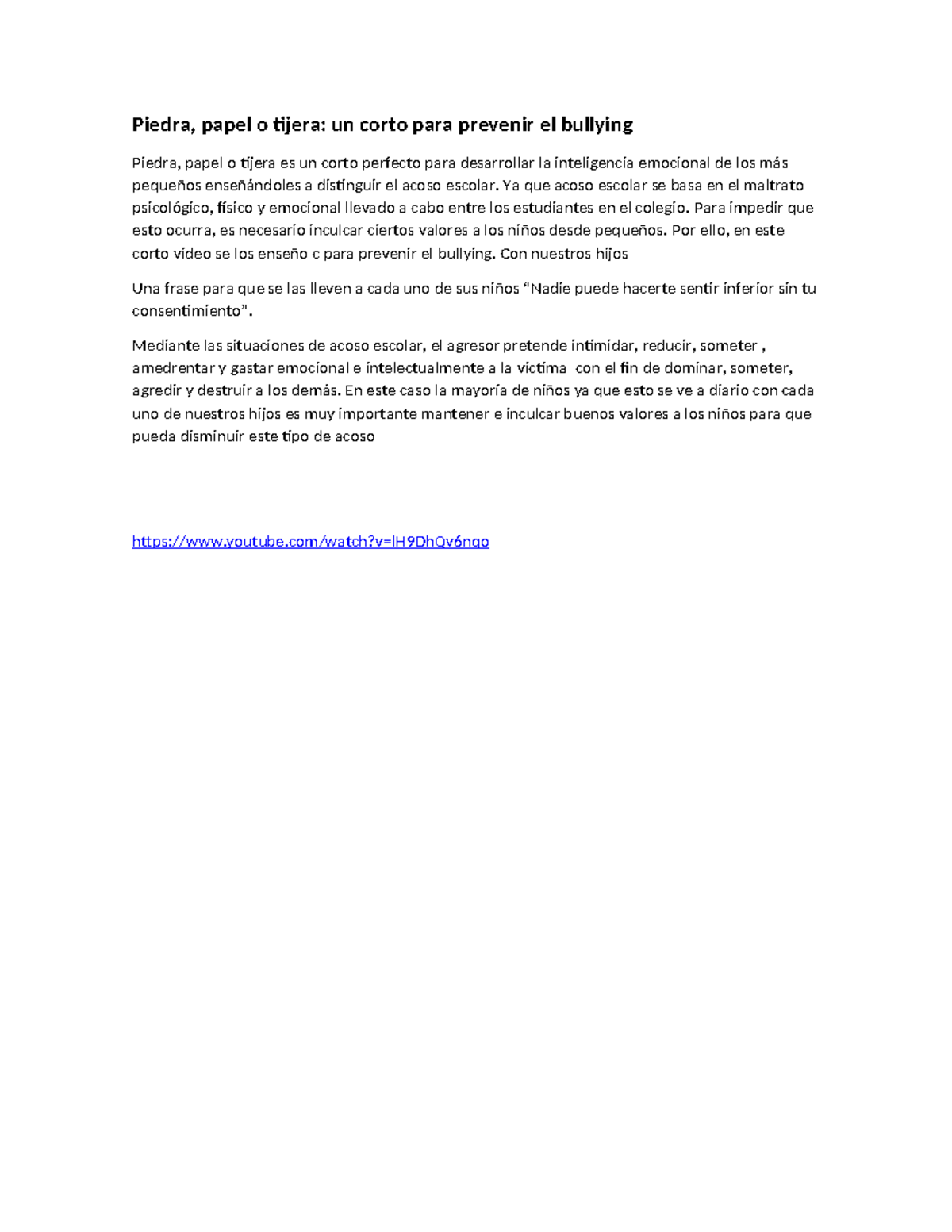 Trabajo - Piedra, papel o tijera: un corto para prevenir el bullying ...