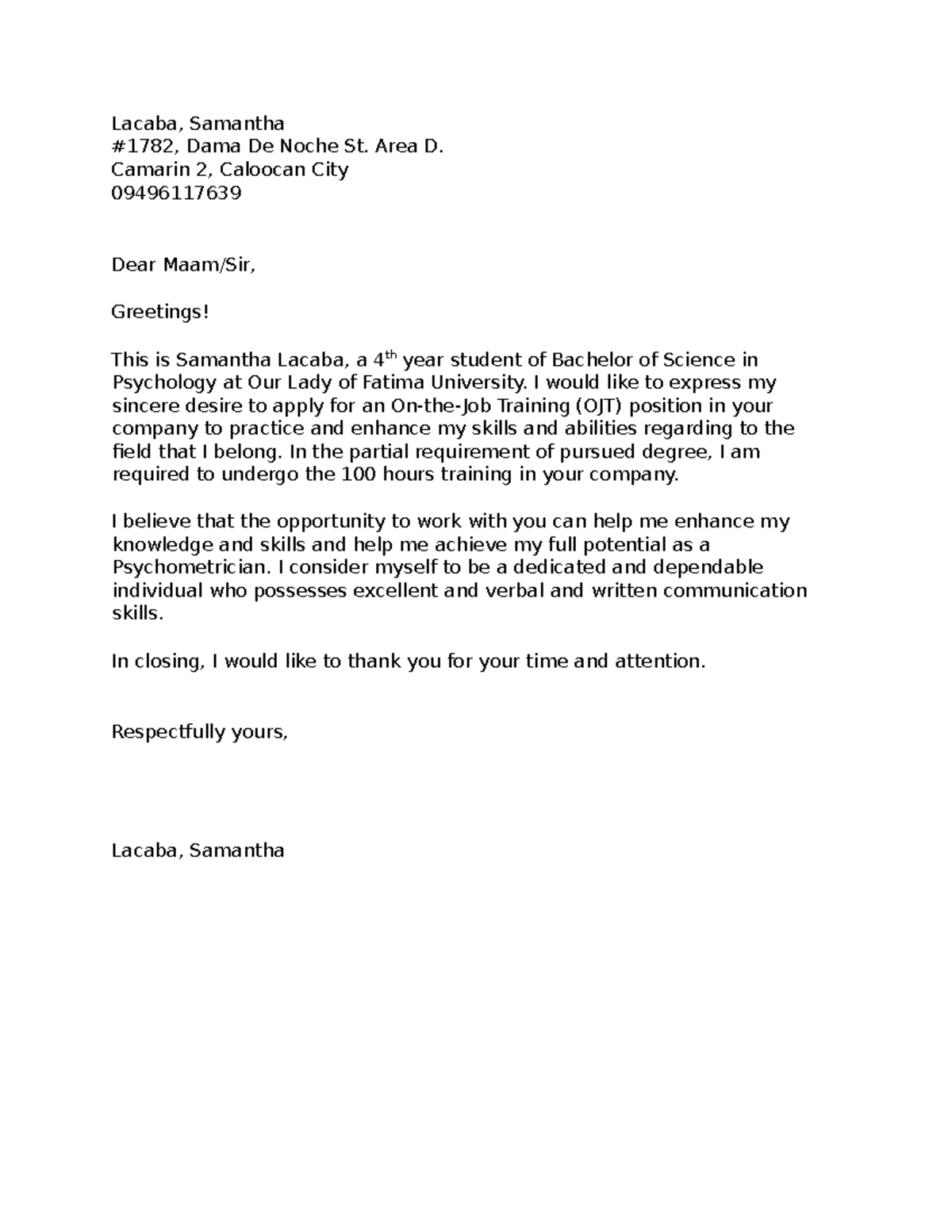 Application letter- Sam - Lacaba, Samantha #1782, Dama De Noche St ...