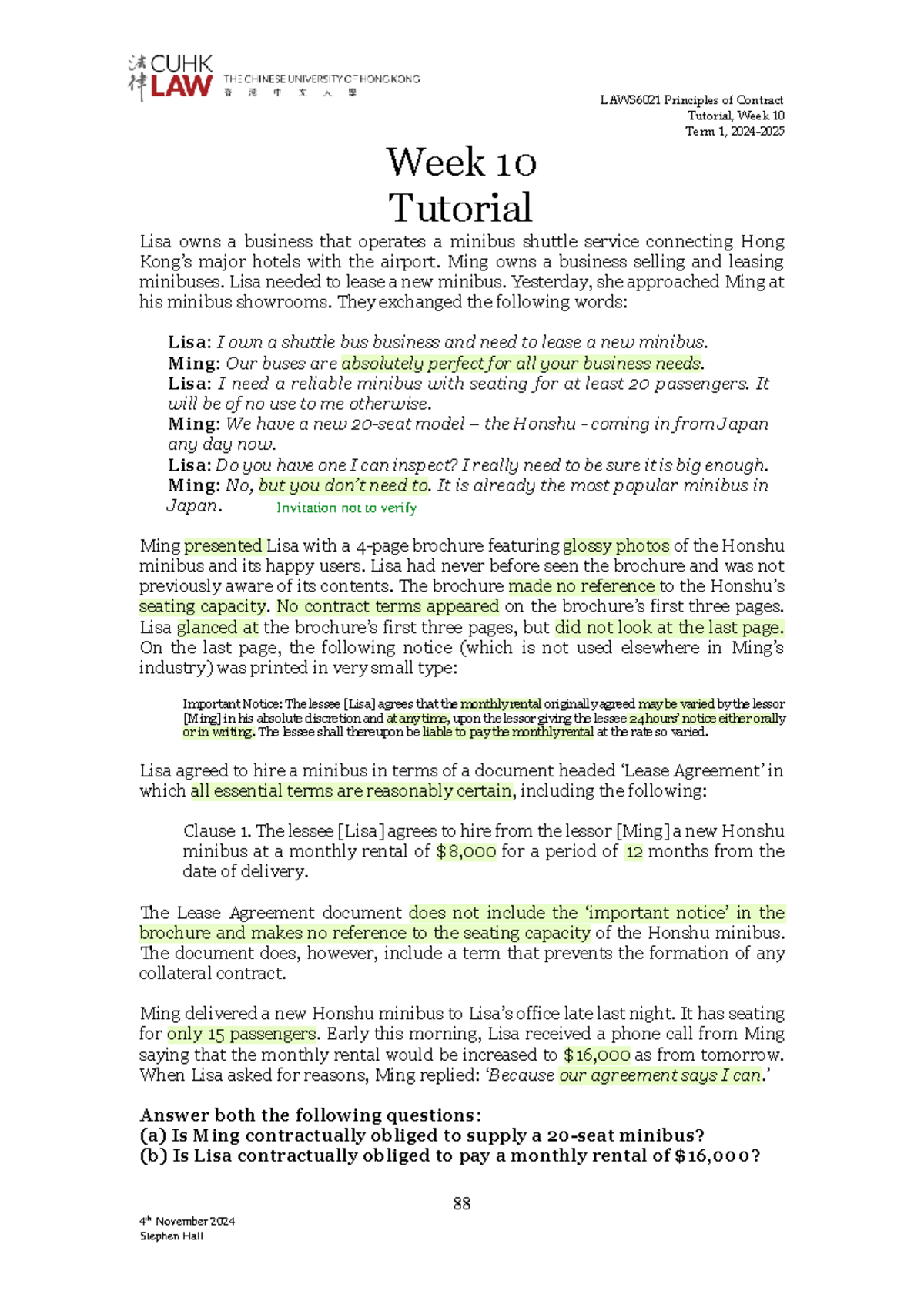 Tutorial Week 10 - LAWS6021 Principles of Contract Tutorial, Week 10 Term 1, 2024 - 2025 4 th ...
