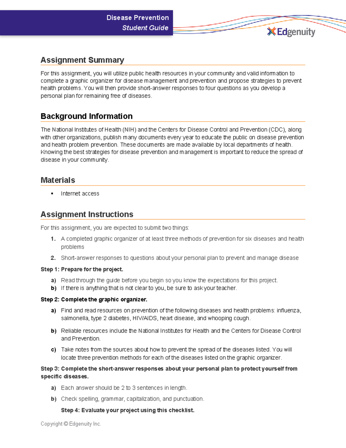 Project-Disease Prevention-Student Guide - Disease Prevention Student ...
