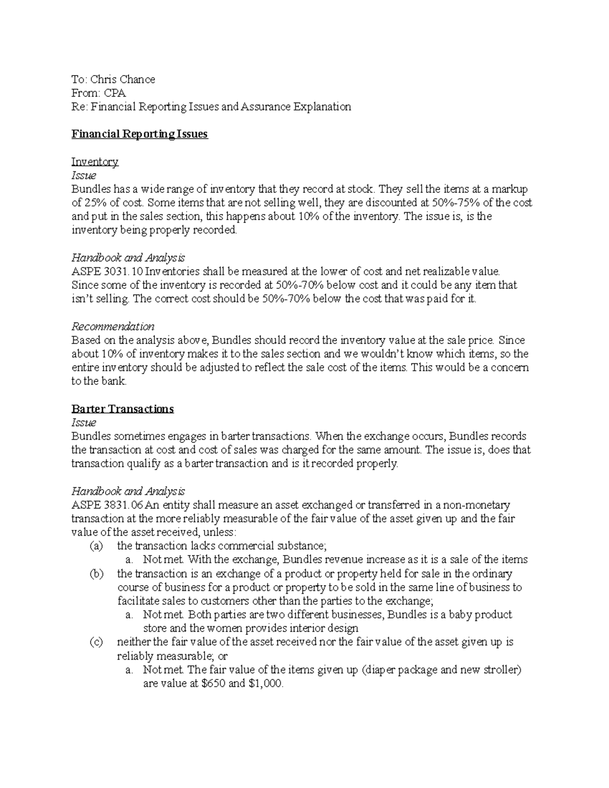 RPE 1 - Core 1 - Practice Exam - To: Chris Chance From: CPA Re ...