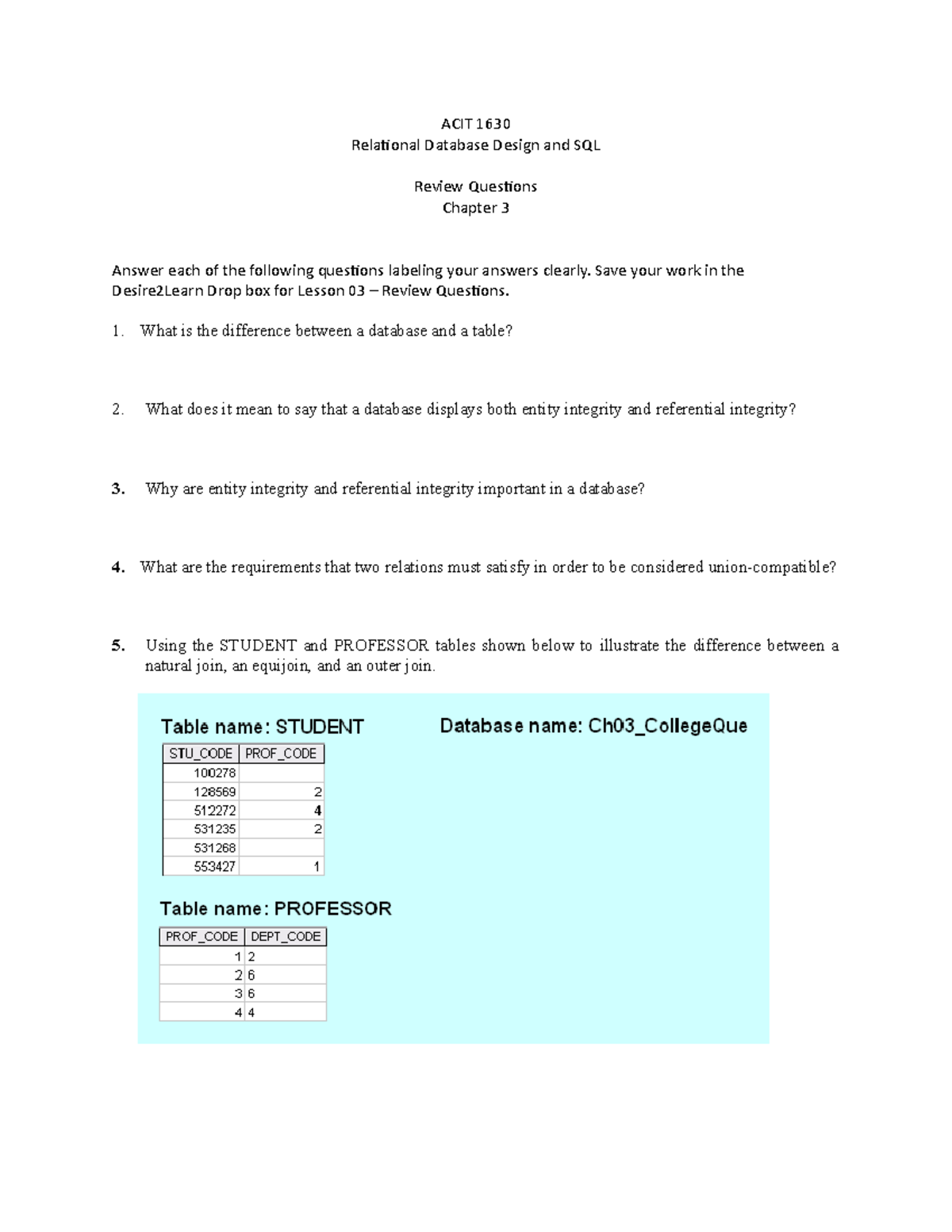 Review Questions Chapter 3 - ACIT 1630 Relational Database Design and ...