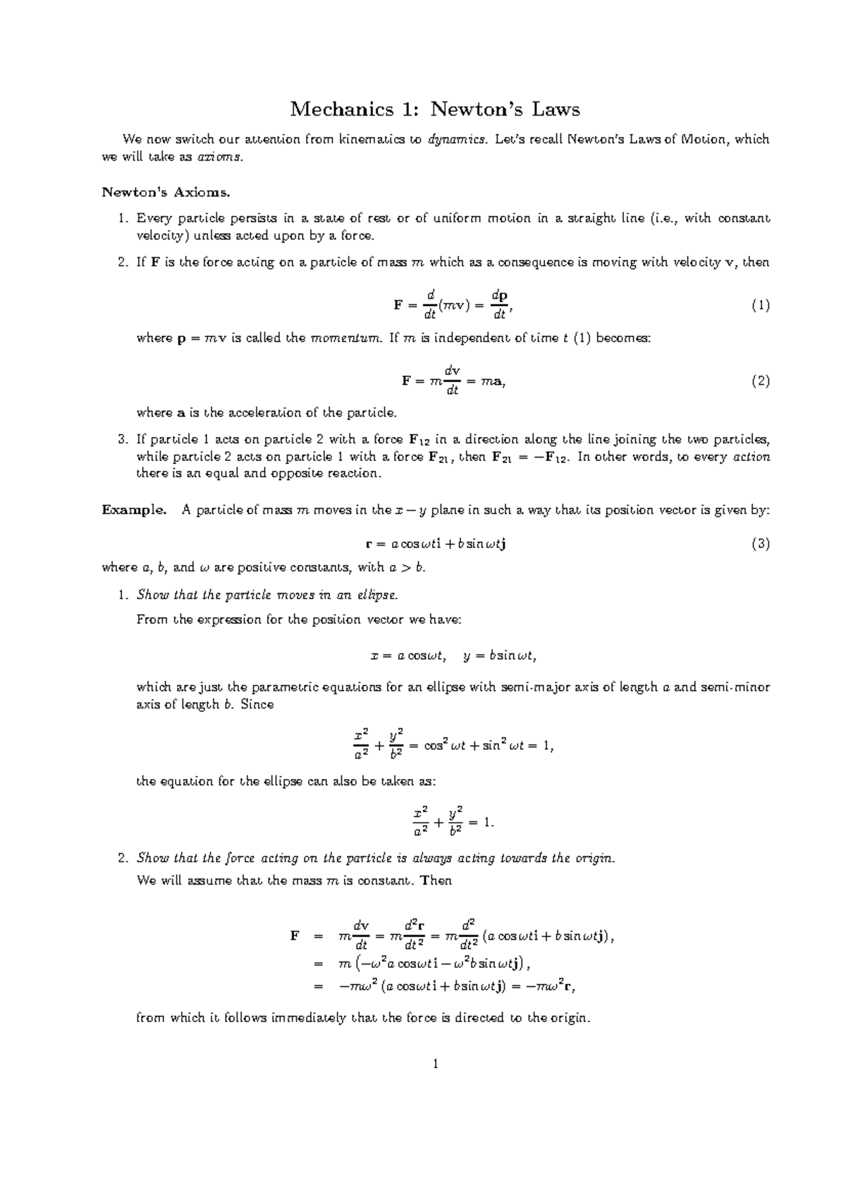 MATH11009 2016-2017 Lecture Notes - Newton's Laws - Mechanics 1: Newton ...