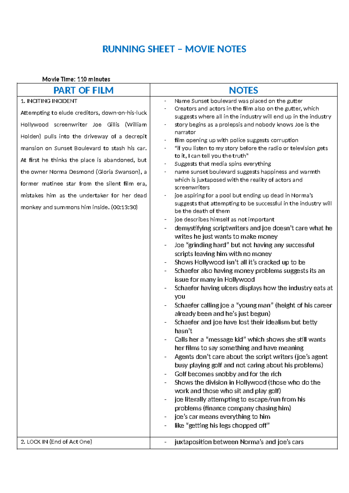 Sunset Boulevard Notes - RUNNING SHEET – MOVIE NOTES Movie Time: 110 ...