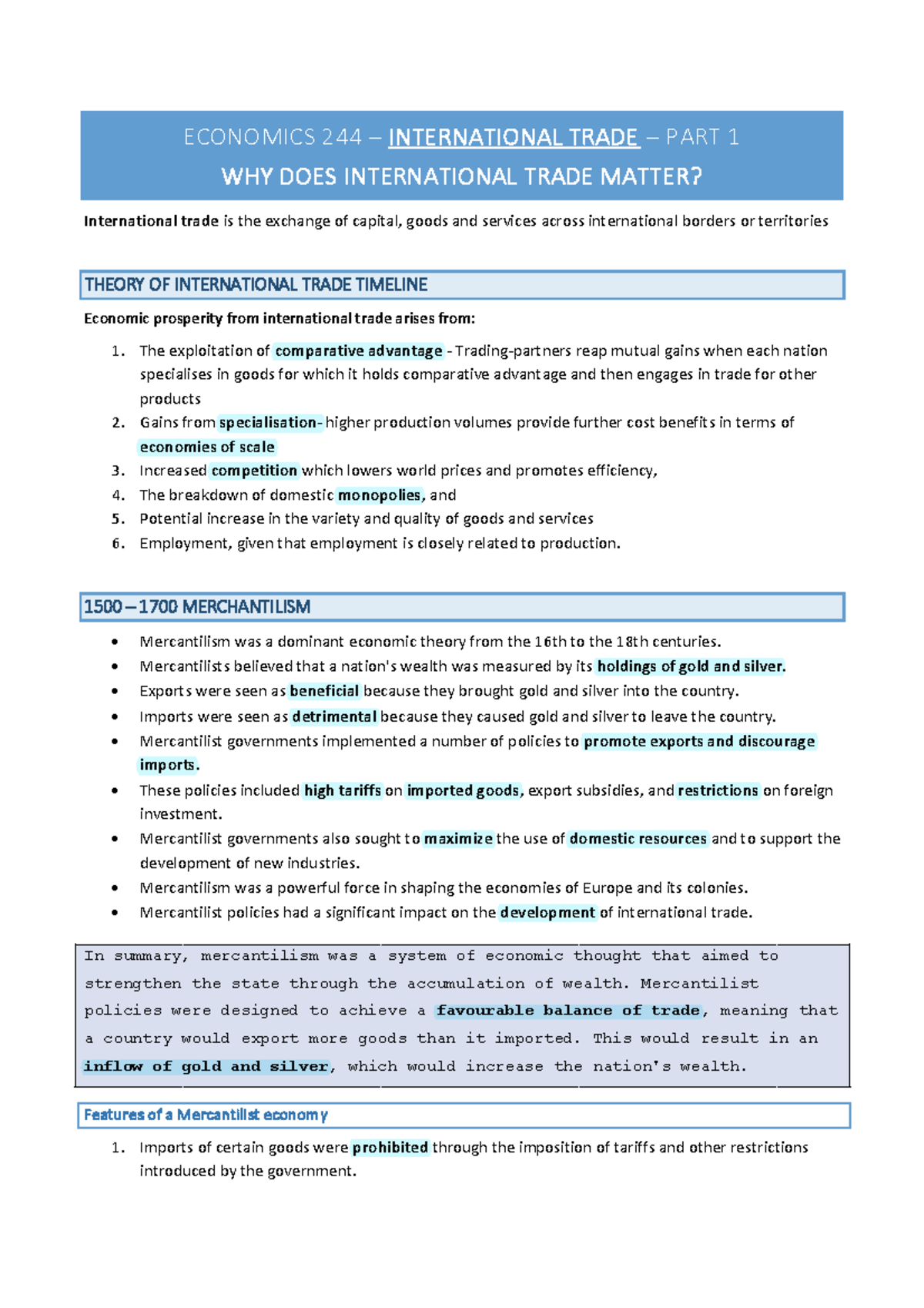 ECON244 - IT P1 - Summary Economics - ECONOMICS 244 – INTERNATIONAL ...