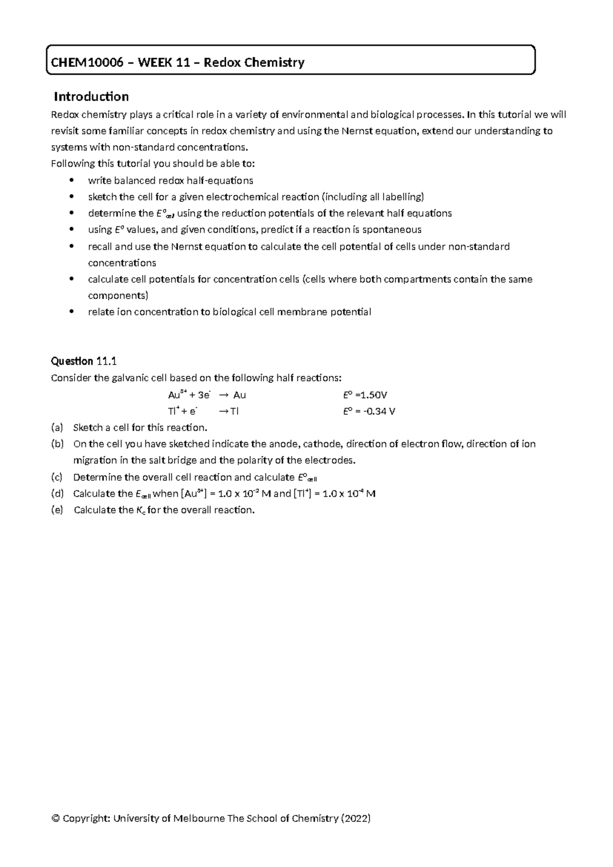 CHEM10006 Tutorial Question Week11 2022 S1 - Tagged - CHEM10006 – WEEK ...