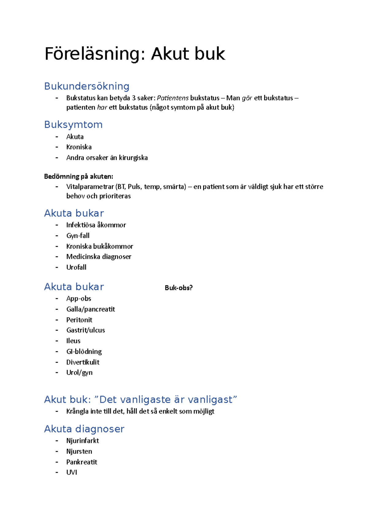 Akut buk - föreläsningsanteckningar - Föreläsning: Akut buk ...