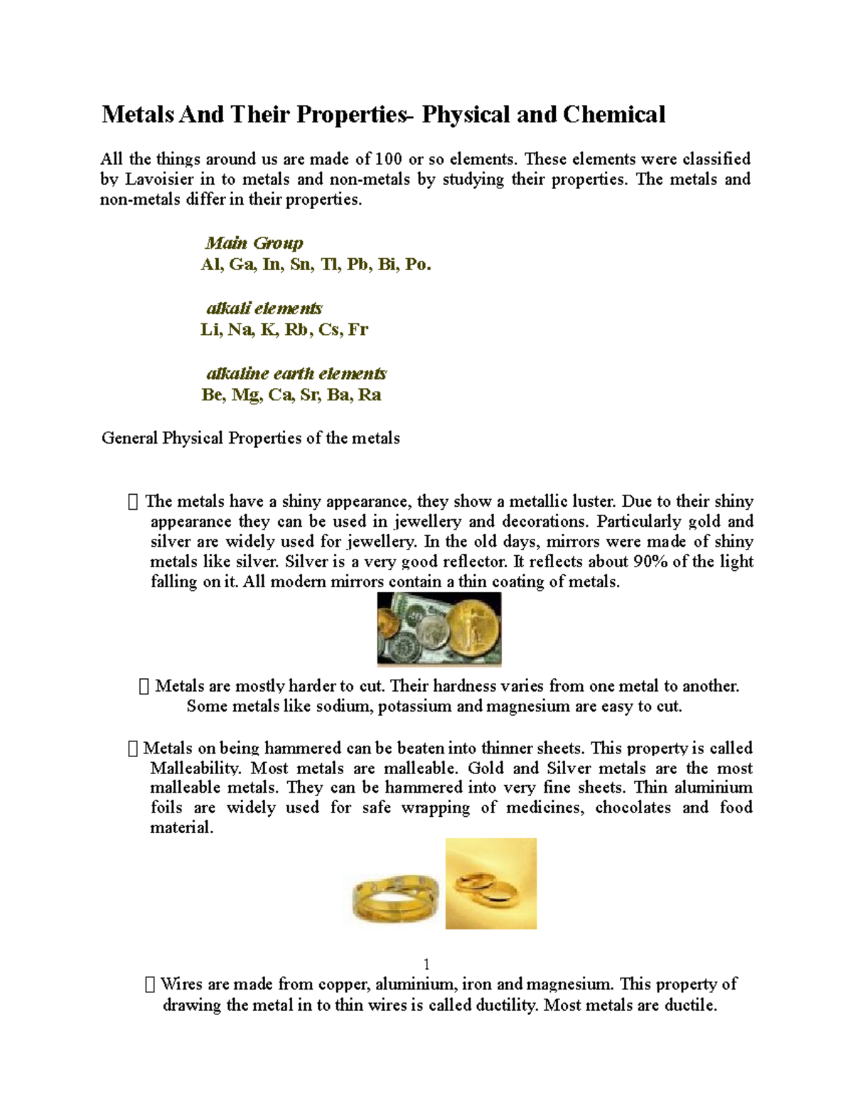 Metals AND Their Properties - These elements were classified by ...