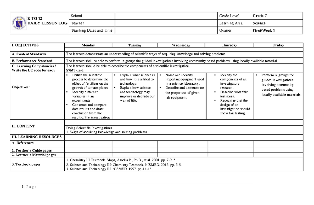 Pdfcoffee - sfa - K TO 12 DAILY LESSON LOG School Grade Level Grade 7 ...