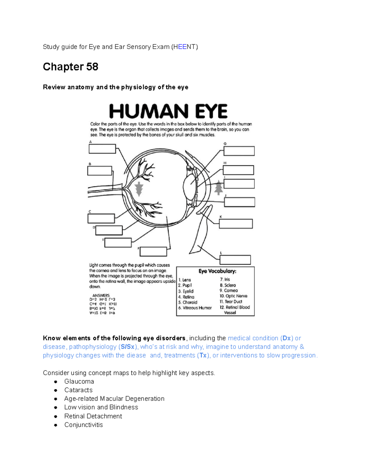 Sensory System Exam - Study Guide - Study guide for Eye and Ear Sensory ...