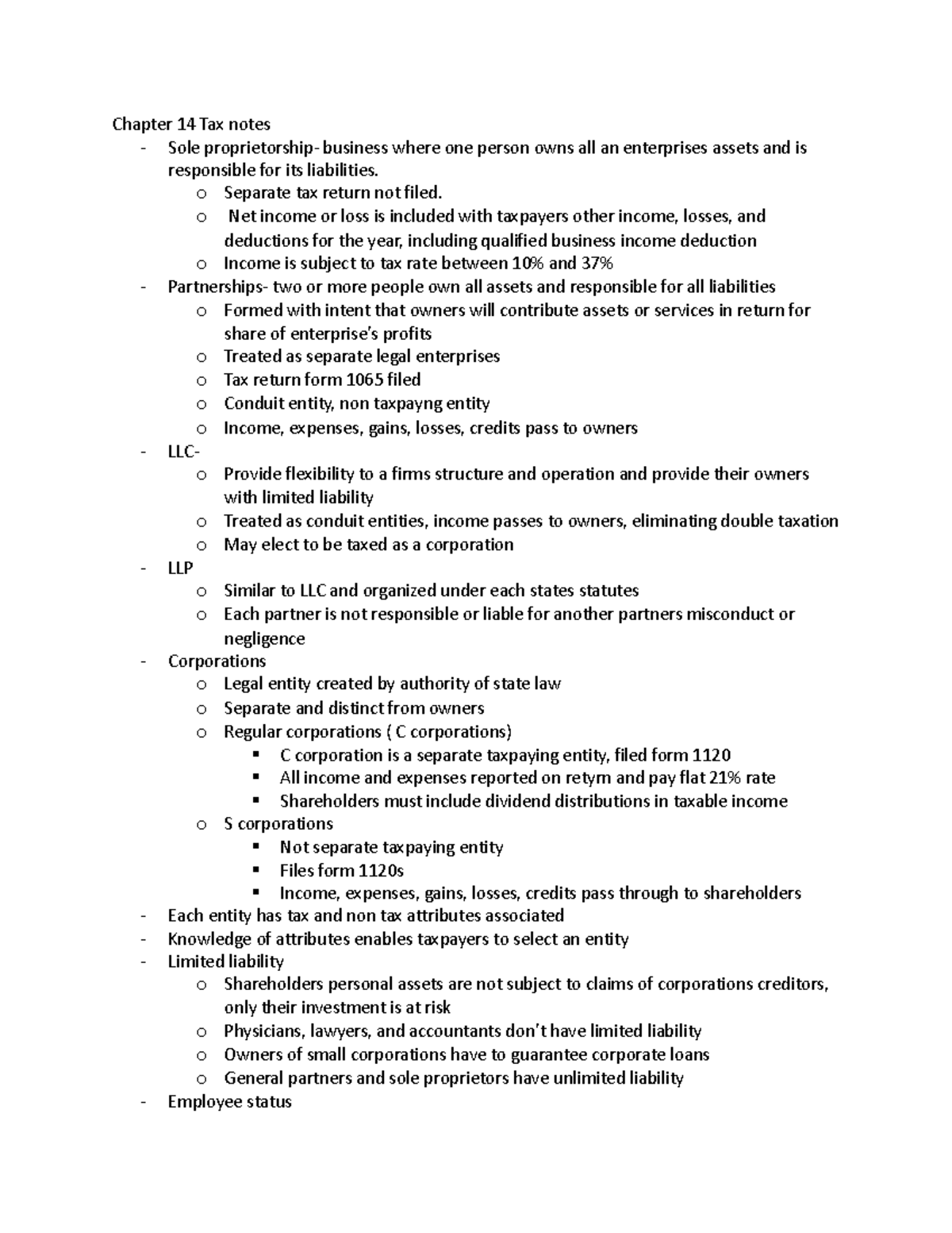 Chapter 14 Tax notes - Chapter 14 Tax notes - Sole proprietorship ...