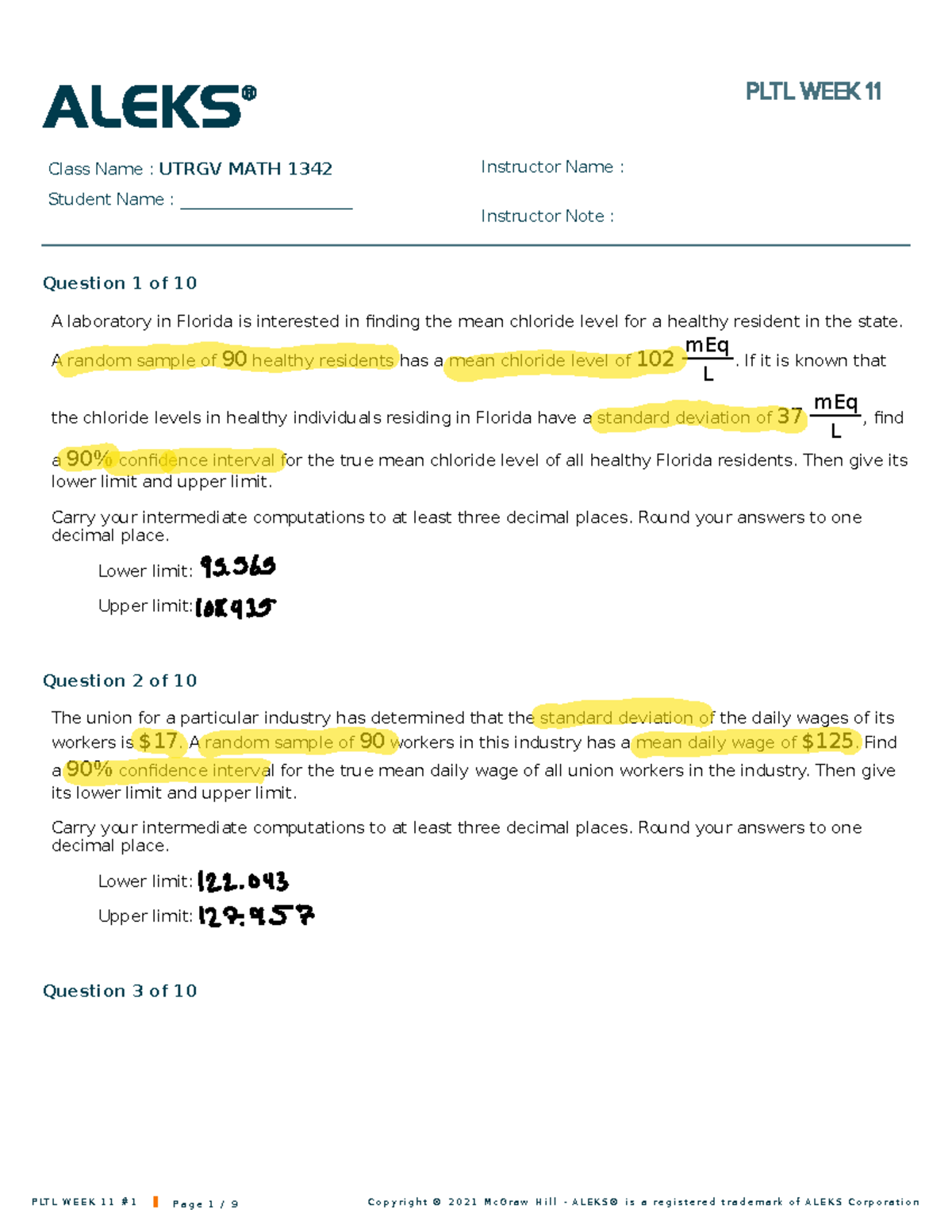 PLTL Week 11 - Answers for PLTL Week 11 - Class Name : UTRGV MATH 1342 Student Name : - Studocu