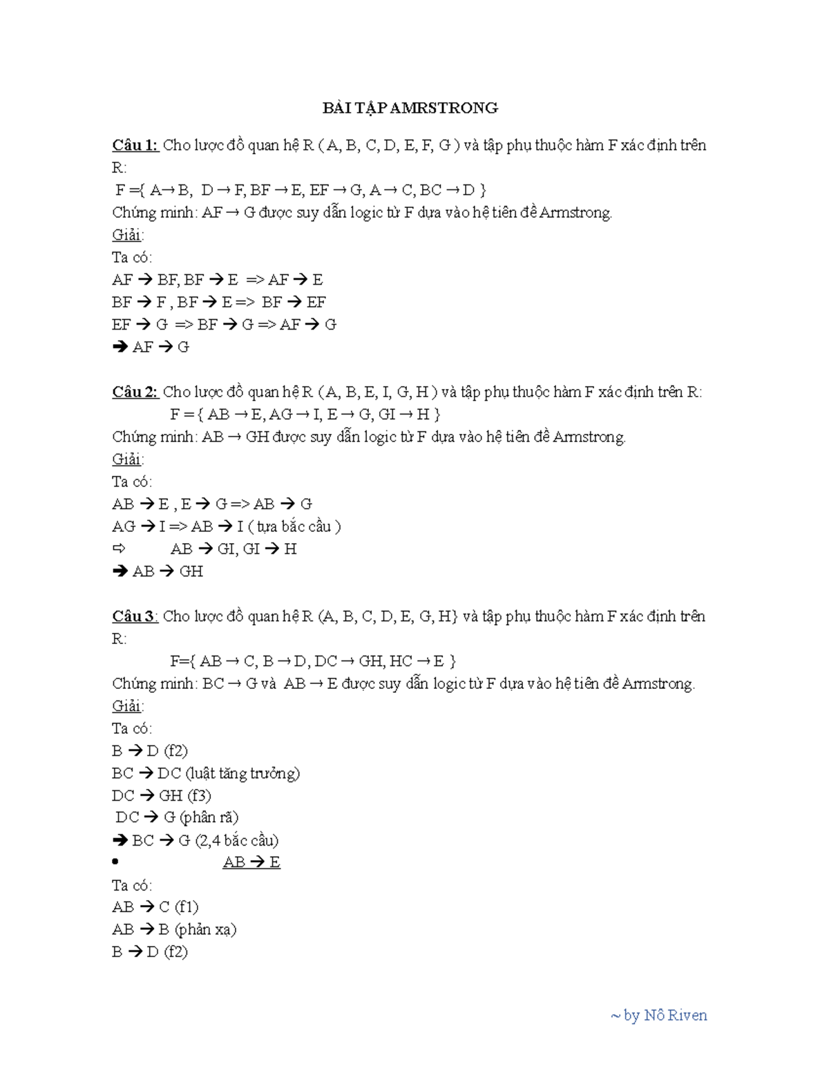 GIAI BAI TAP CSDL - this course is good - BÀI TẬP AMRSTRONG Câu 1: Cho lược đồ quan hệ R ( A, B ...