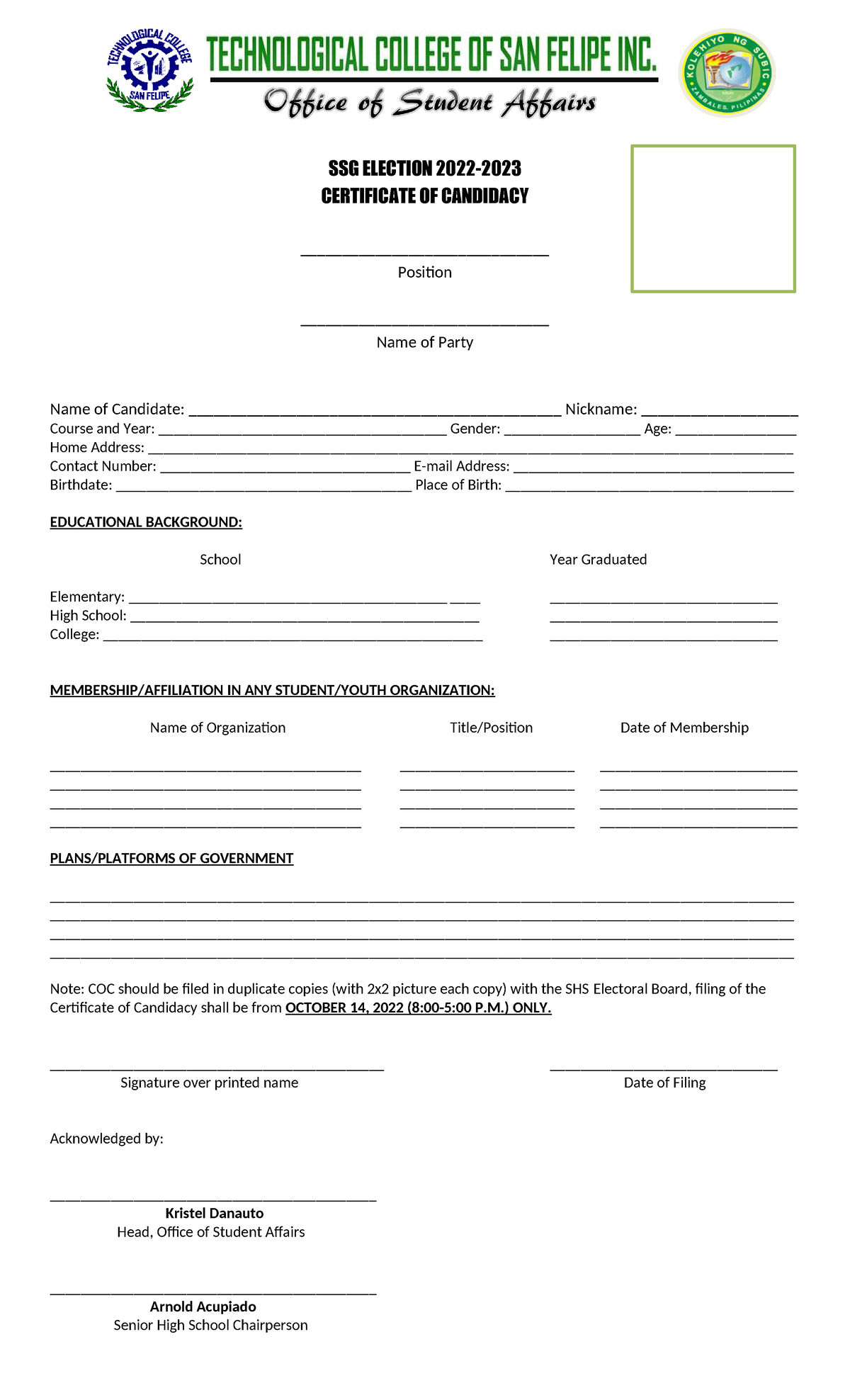 Certificate-OF- Candidacy - SSG ELECTION 2022- CERTIFICATE OF CANDIDACY ...