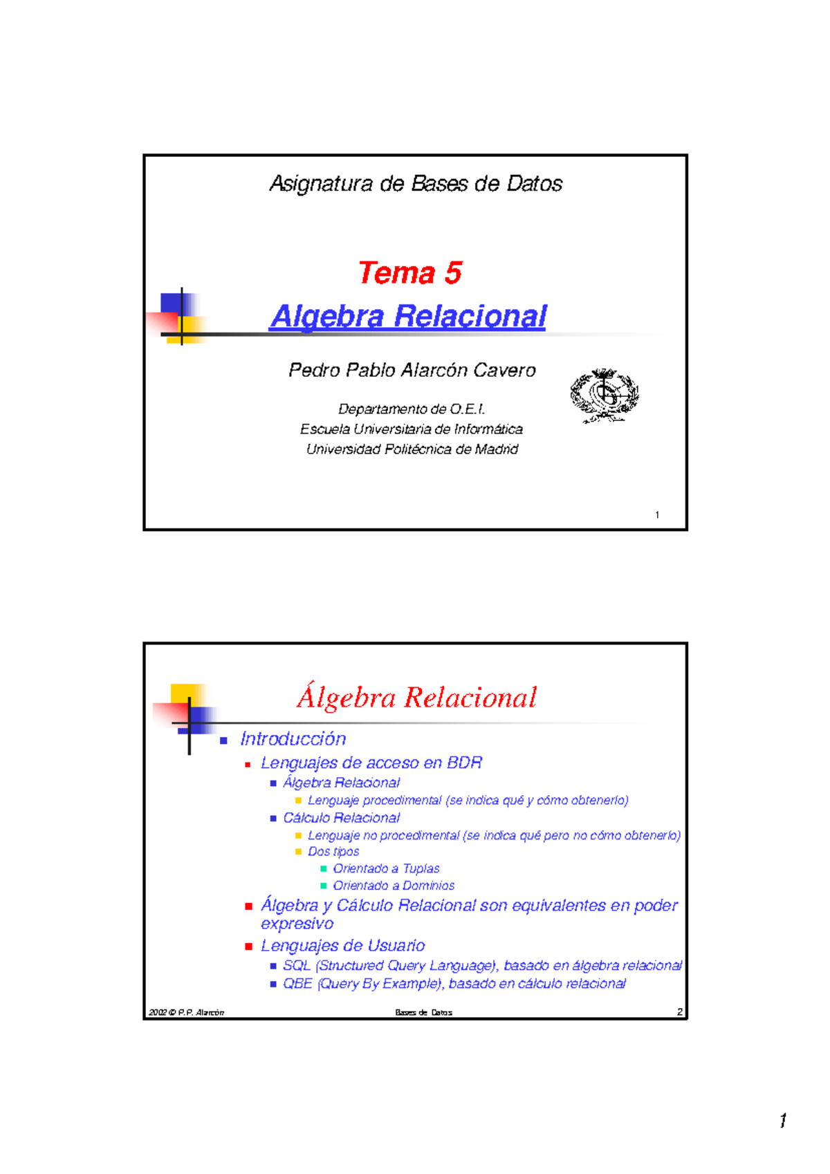 BD Algebra Relacional - 1 Tema 5 Algebra Relacional Pedro Pablo Alarcón ...